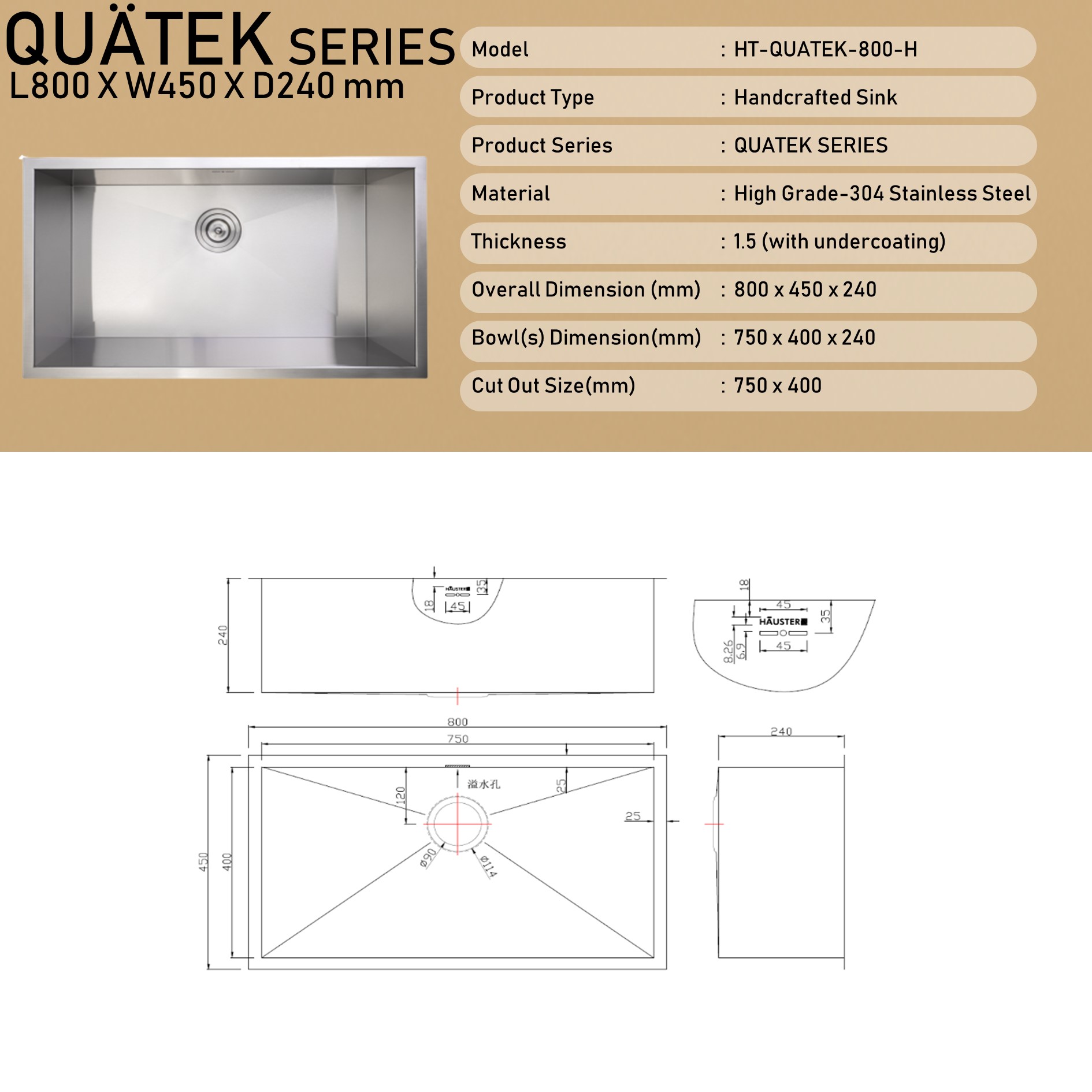 HAUSTERN QUATEK SERIES SUS 304 Stainlees Steel Undermount Kitchen Sink Sinki Dapur ITTO/BANOVA ...