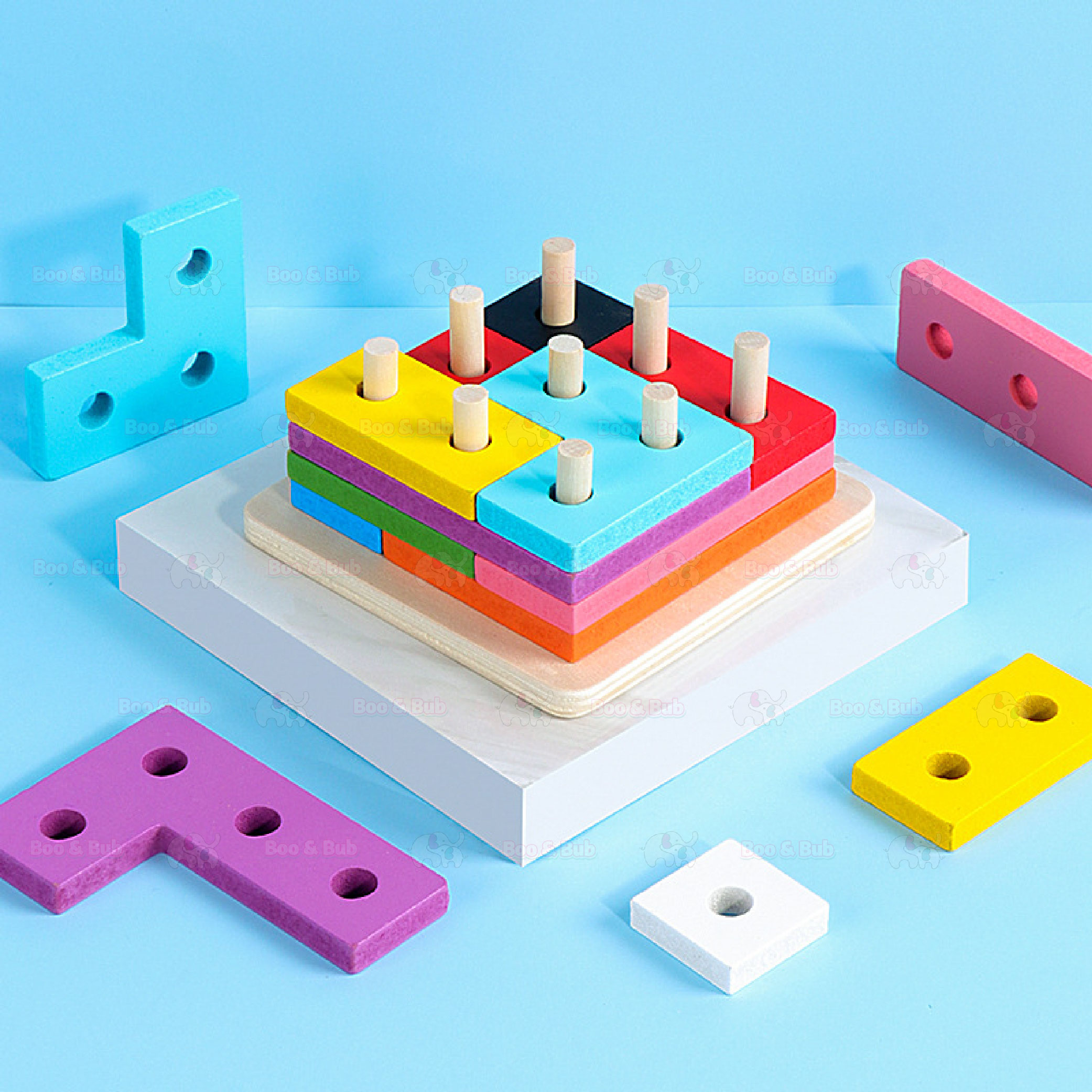 Boo&Bub Wooden Geometry puzzle stacker Shape Sorting Educational Toys ...