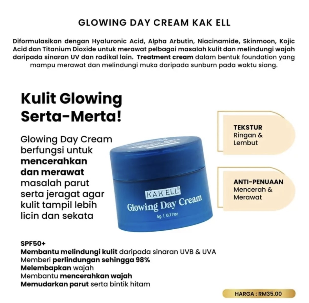 Kak Ell Glowing Day Cream SPF50 (GDC) 5gm Skincare Facial Sunscreen ...