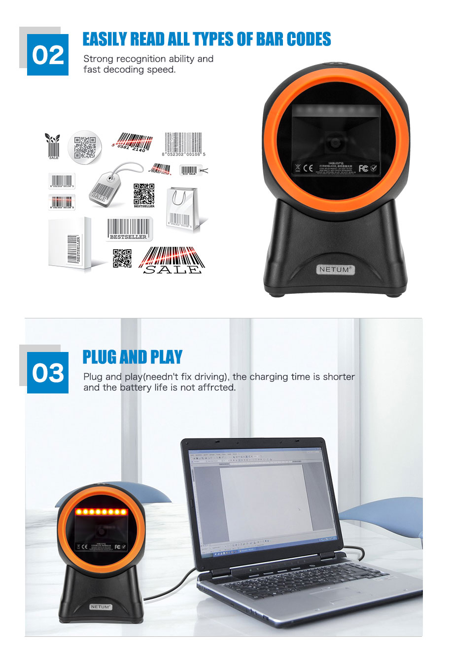 NETUM NT2050 Platform 2D Barcode Scanner Handsfree QR Code Reader ...
