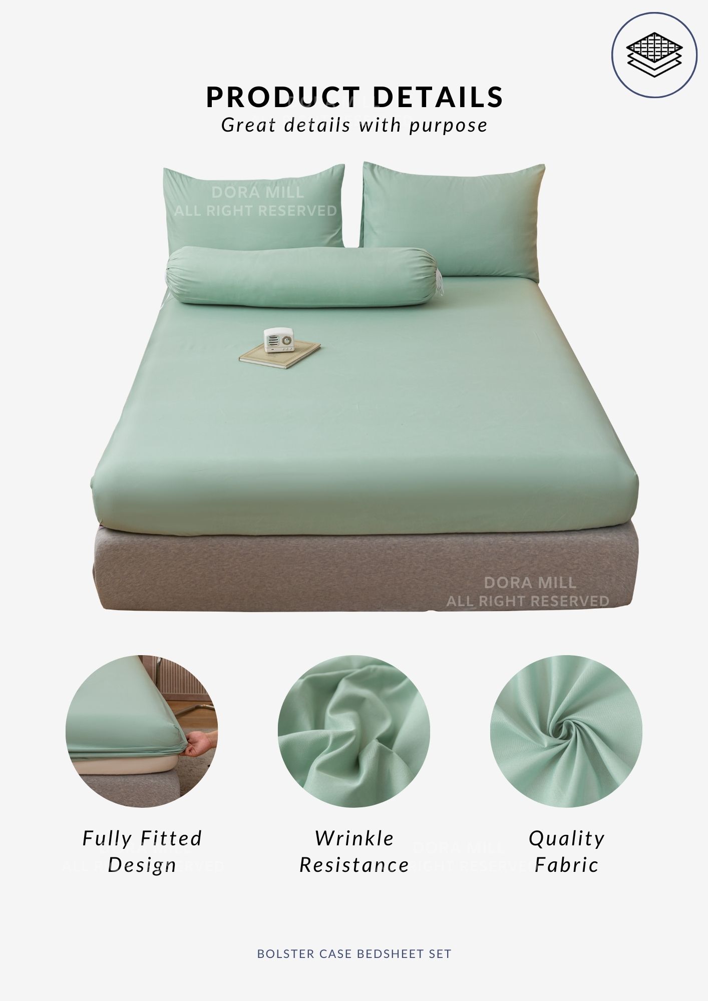 DORAMILL Muji Plain Series 4in1 Bolster Bedsheet Set Cadar Getah ...