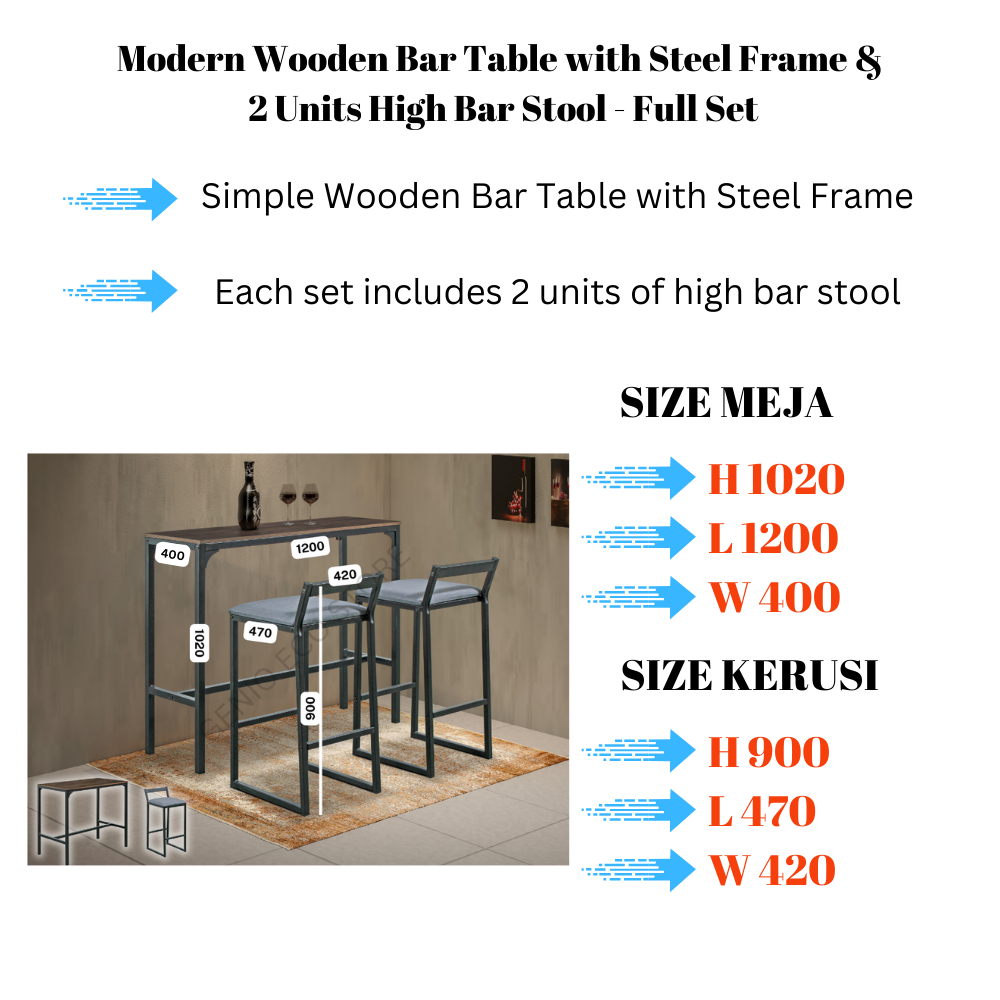2M-BT002 Modern Wooden Bar Table With Steel Frame & 2M-CT001 (2 Units ...