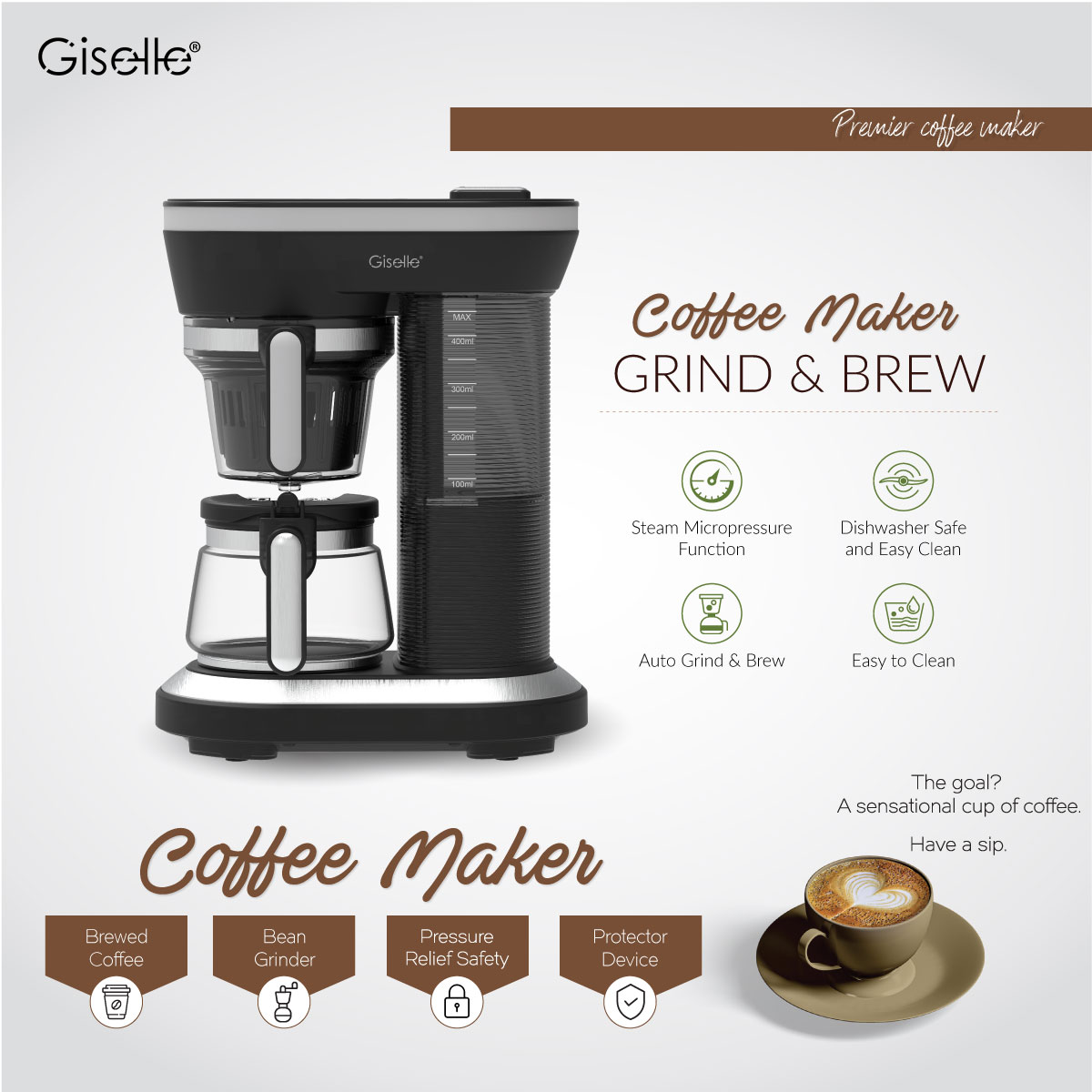 Giselle Fully Sealed Coffee Bean Built in Grinder And Drip Coffee ...