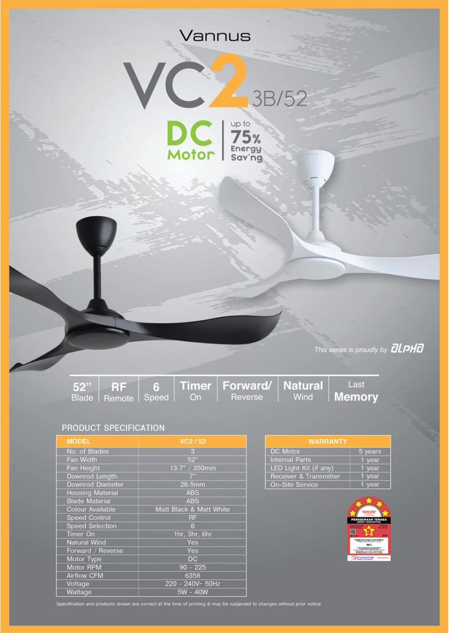 ALPHA VANNUS VC2 / VC2 LED 52"Ceiling Fan 3 Blades DC Motor Remote ...