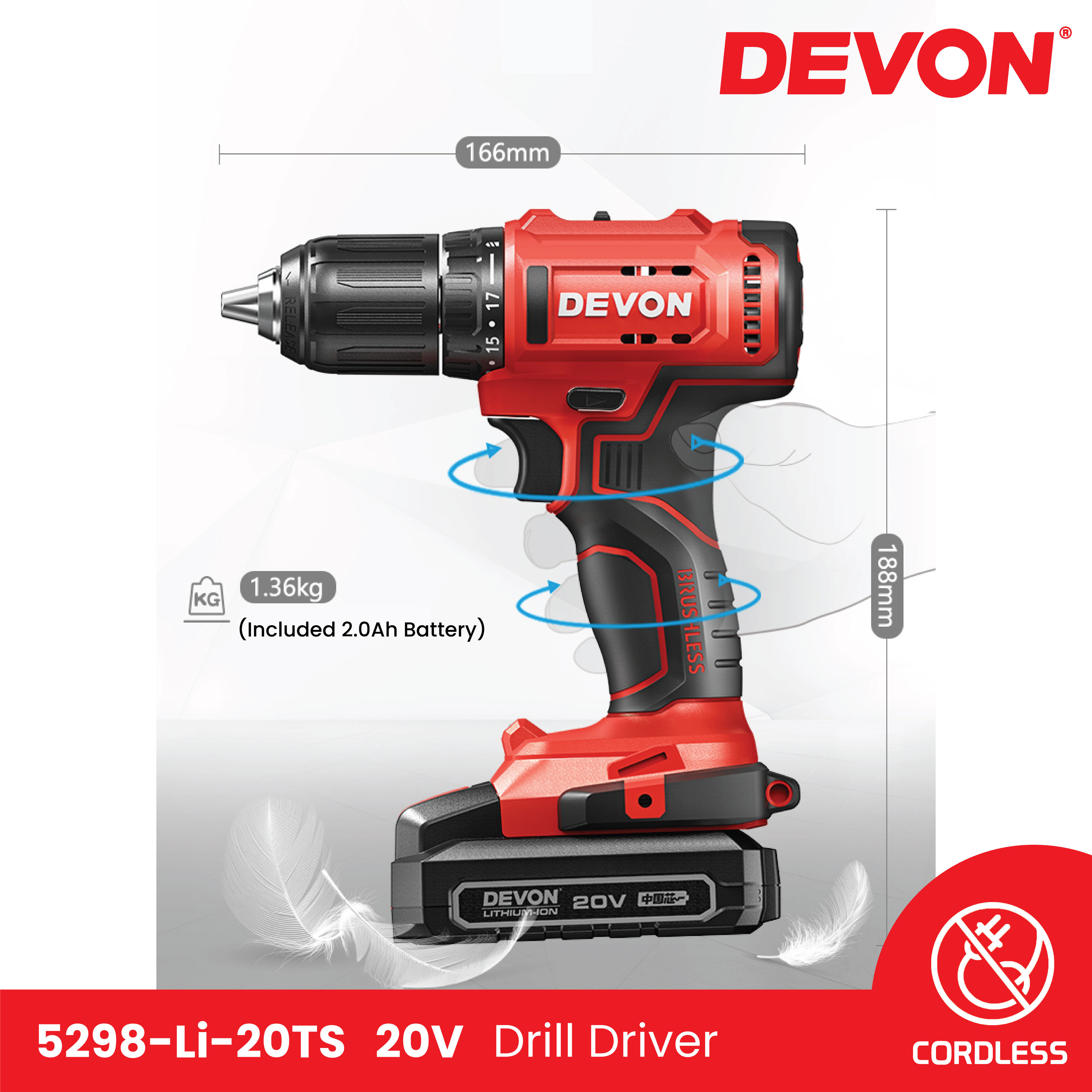 DEVON 5298-Li-20TS 20V Lithium-Ion Brushless Cordless Drill Driver ...