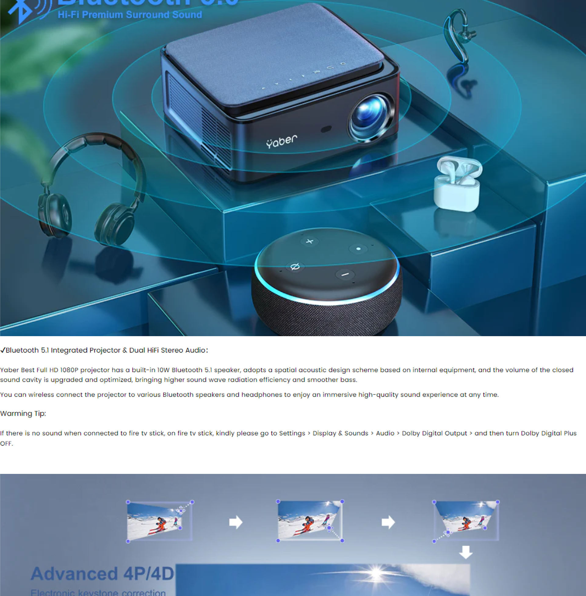 Yaber Pro U6 Entertainment Projectors Full HD (Support 4K) Bluetooth 5. ...
