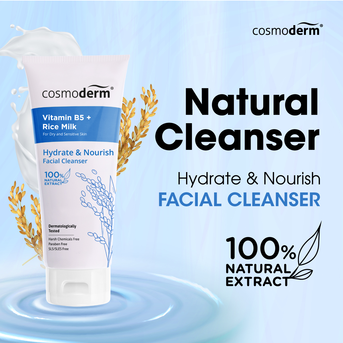 Cosmoderm Hydrate and Nourish Facial Cleanser 100 ml (Rice Milk Extract ...
