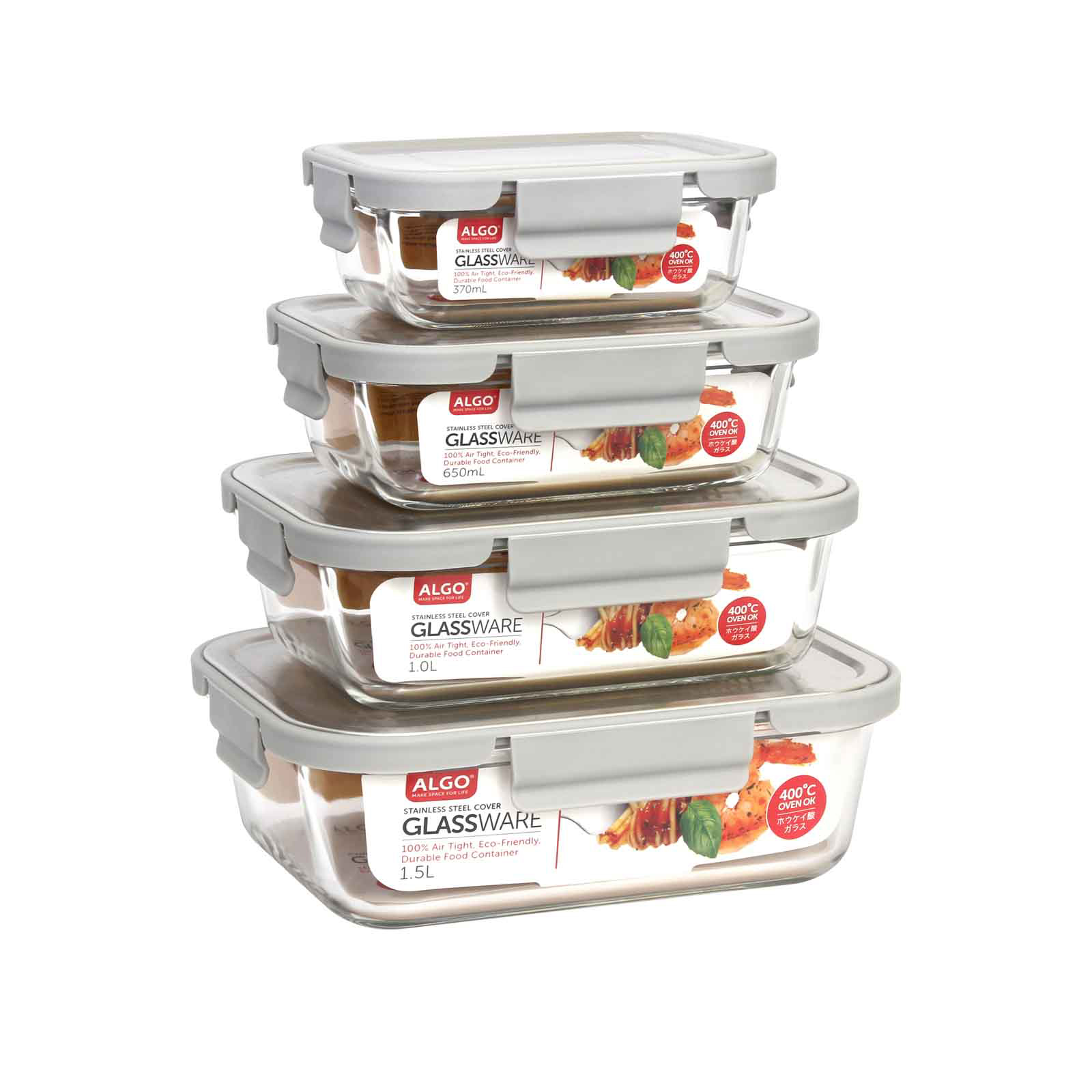 ALGO Stainless Steel Cover Glass Food Container - 4 Types Capacity ...