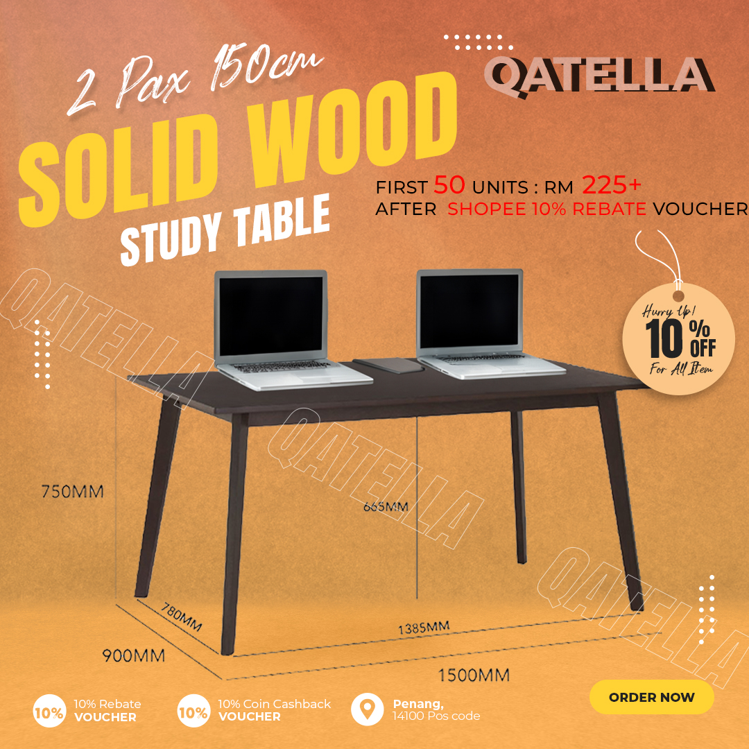 Qatella Solid Wood 120/150cm Study desk / Study Table /Meja Belajar ...