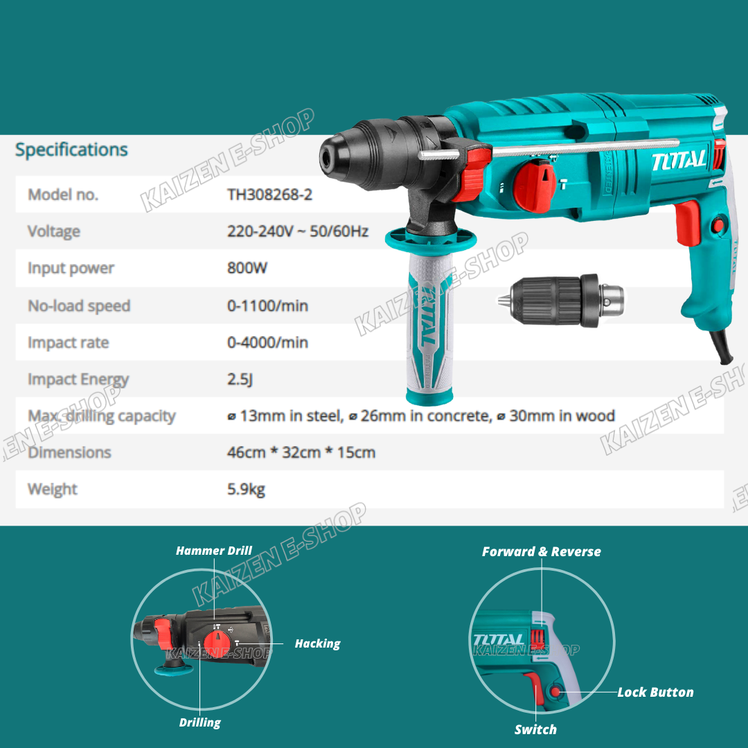 TOTAL TH308268-2 800W Rotary Hammer 26MM With Keyless Drill Chuck Tukul Putar | Shopee Malaysia