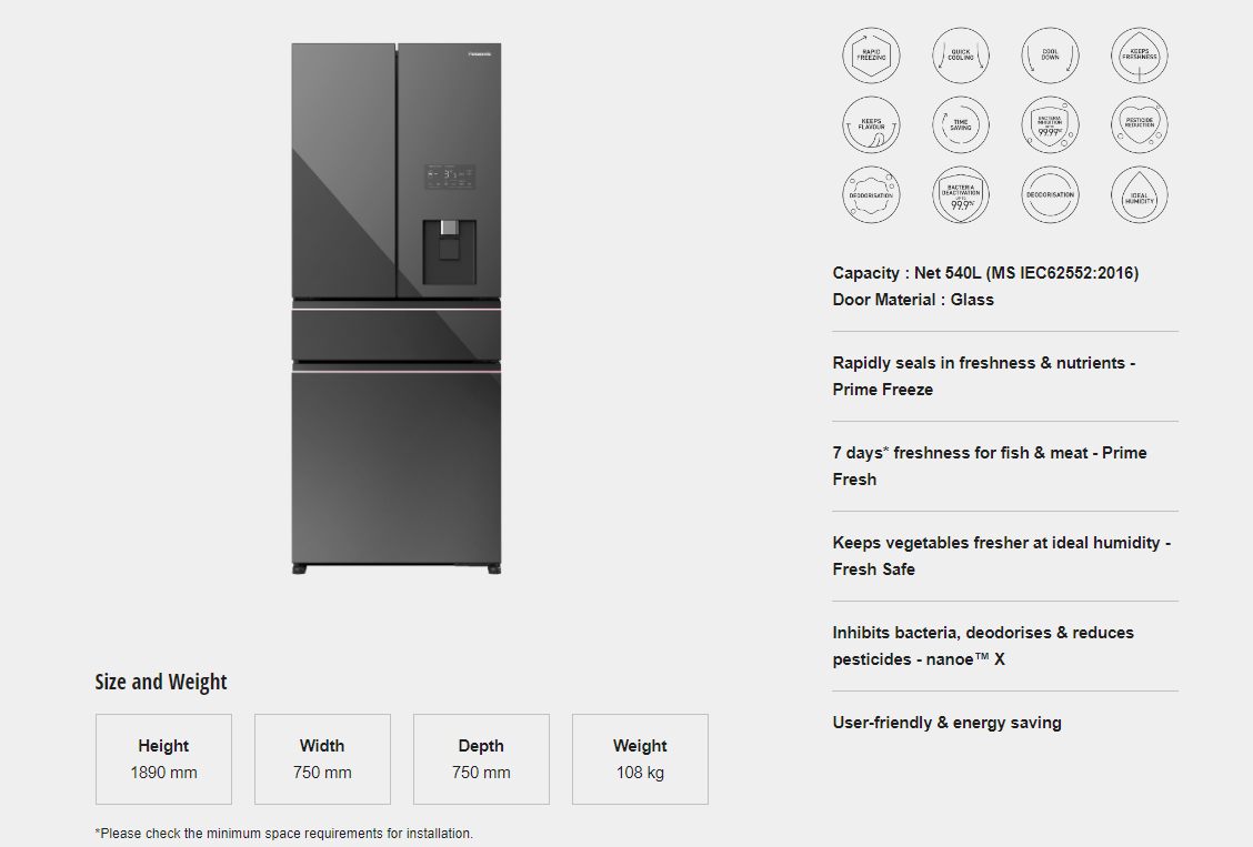 540L PANASONIC PRIME+ Edition Premium 4 Door Fridge Peti Sejuk | NR ...