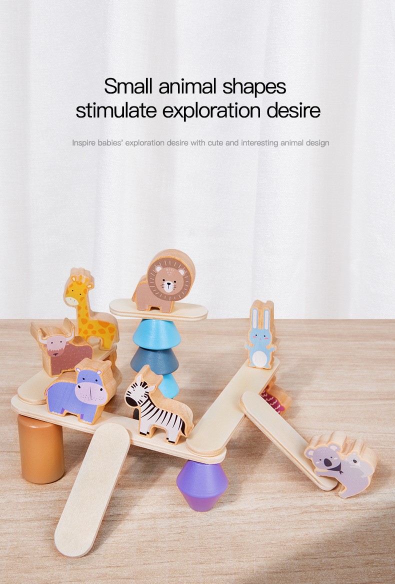 Wooden Zoo Animals Balance & Stack Geometric Building Blocks Children ...