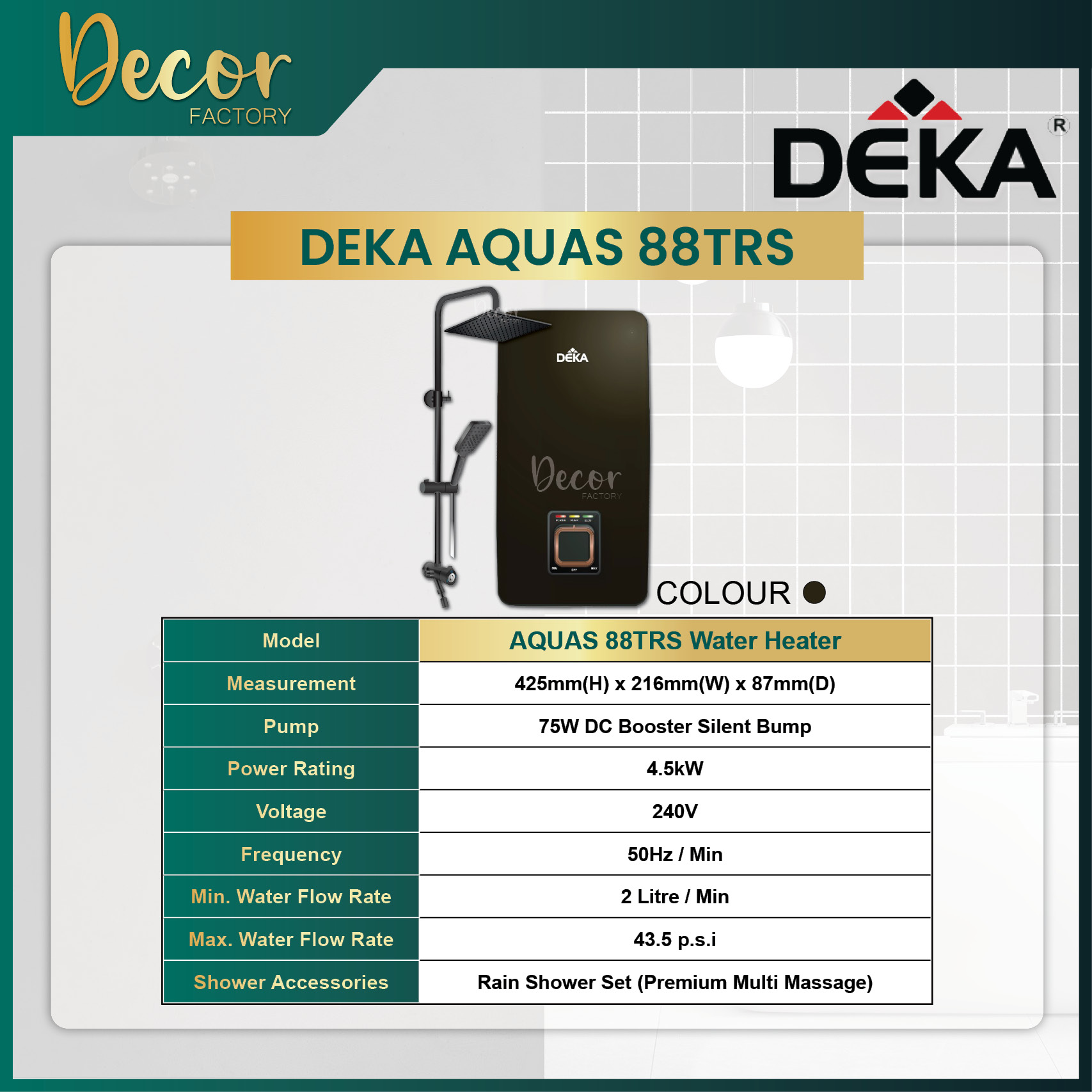 DEKA AQUAS 88TRS DEKA Aquas Series Water Heater With Rainshower DC ...