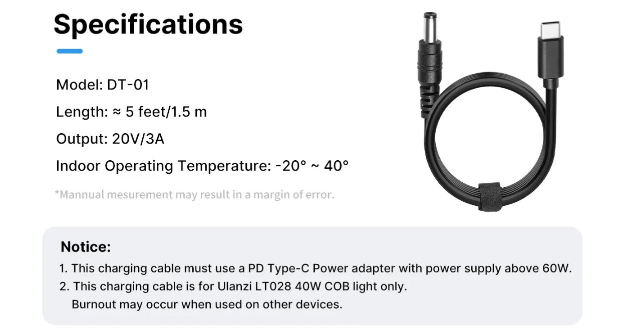 Ulanzi DT-01 20V 1.5M DC to Type-C Charging Cable Only For Ulanzi LT028 ...