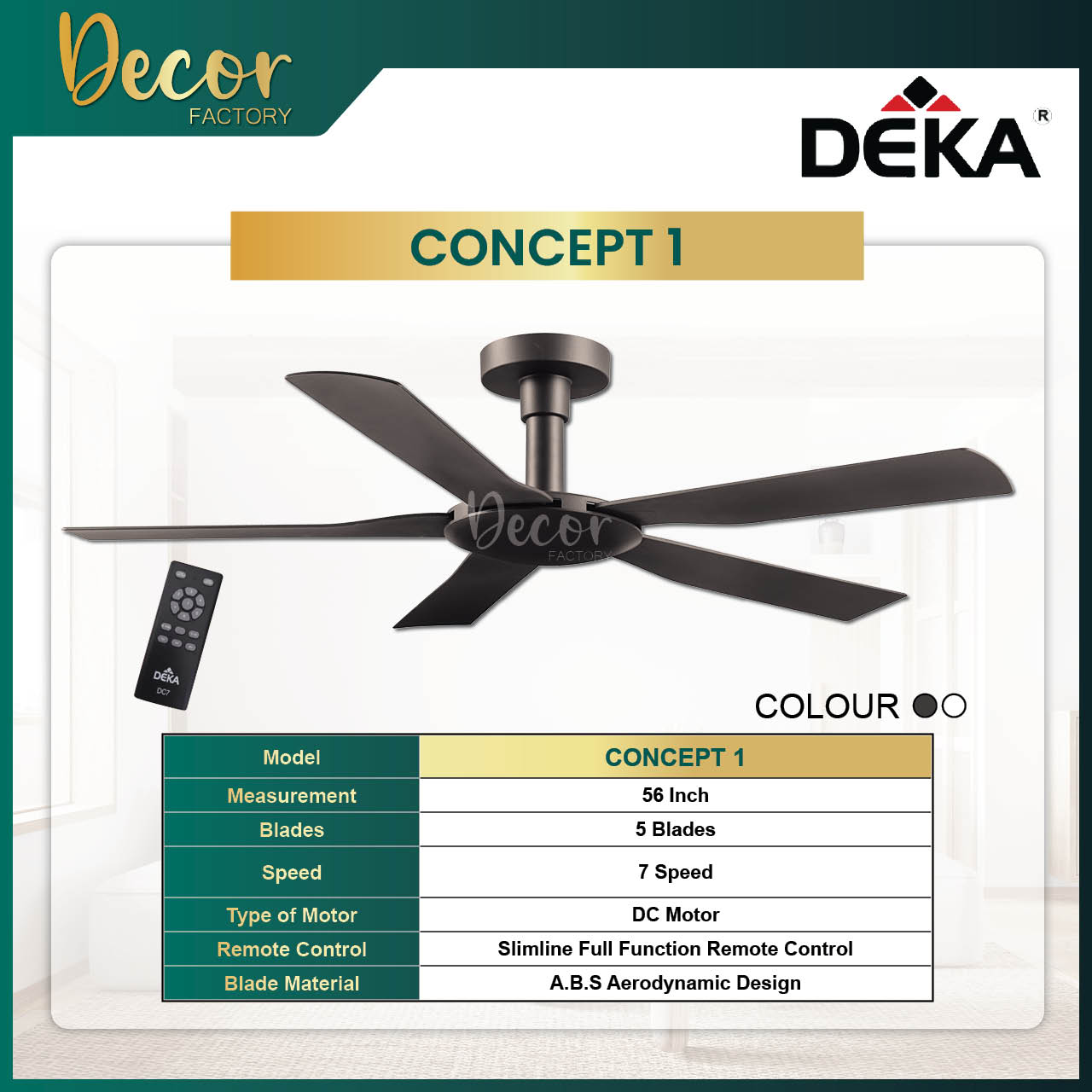 DEKA Fan DEKA CONCEPT 1 56" 5 Blades 7 Speed Forward + Reverse DC Motor ...