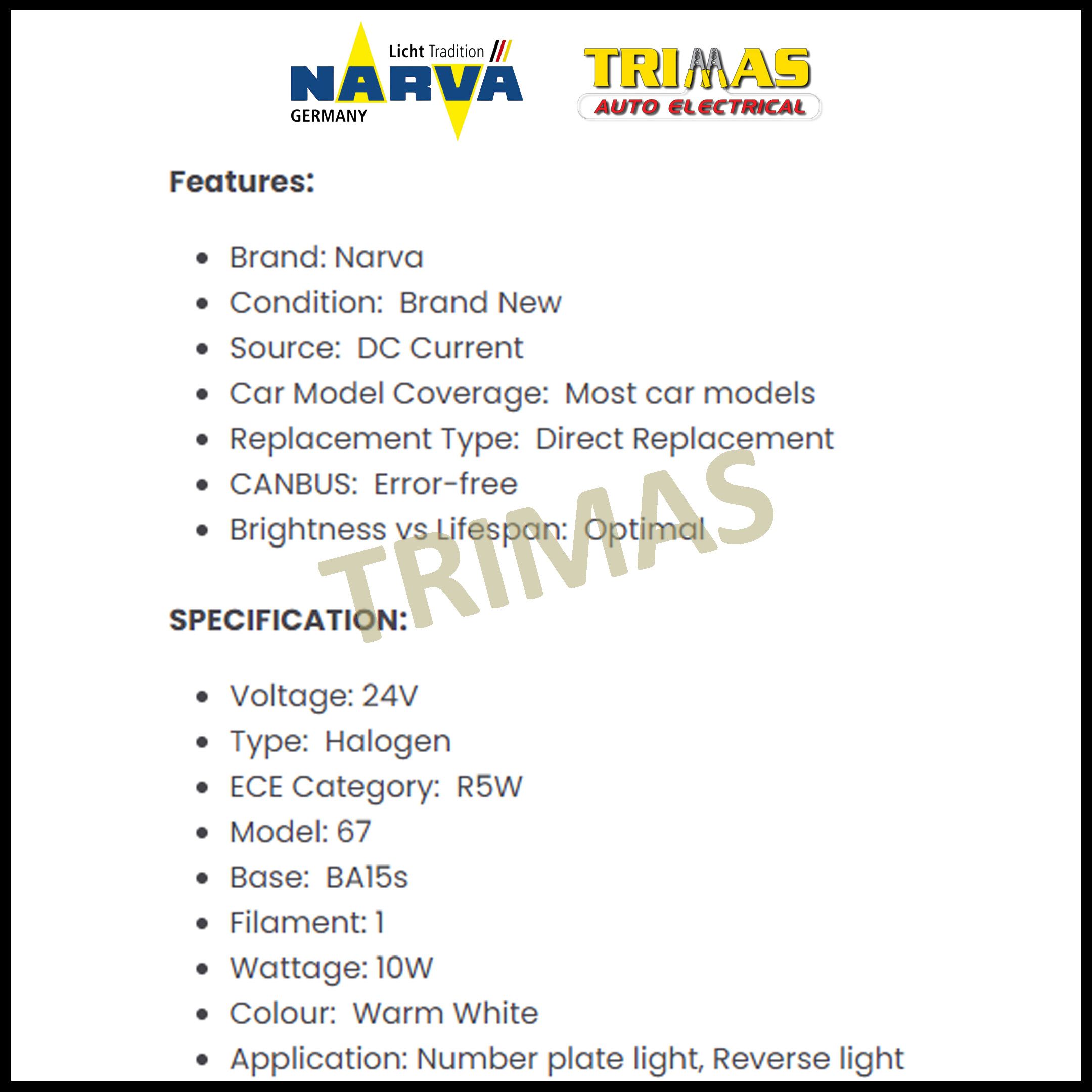 17326 Original Narva 24V 10W R10W BA15S Premium Incandescent Globes ...