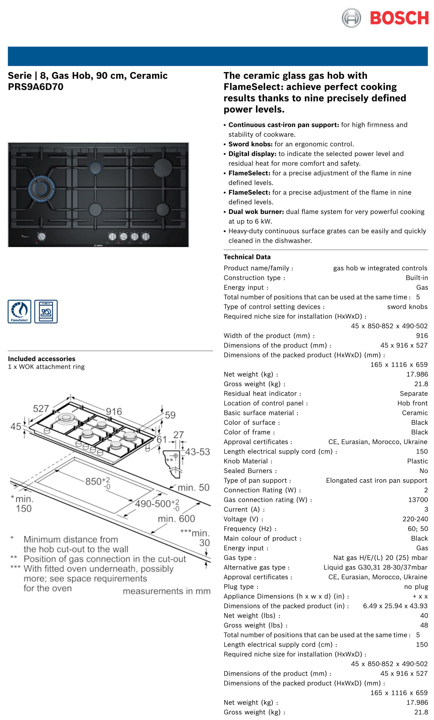 Bosch PRS9A6D70 Serie | 8 Gas Hob 90cm Black Ceramic 5 Gas Burner ...