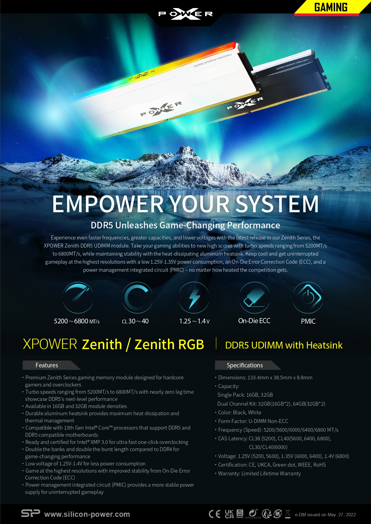 Silicon Power XPOWER Zenith Gaming RGB 16GB/16GBx2 DDR5 5200Mhz CL38 U ...
