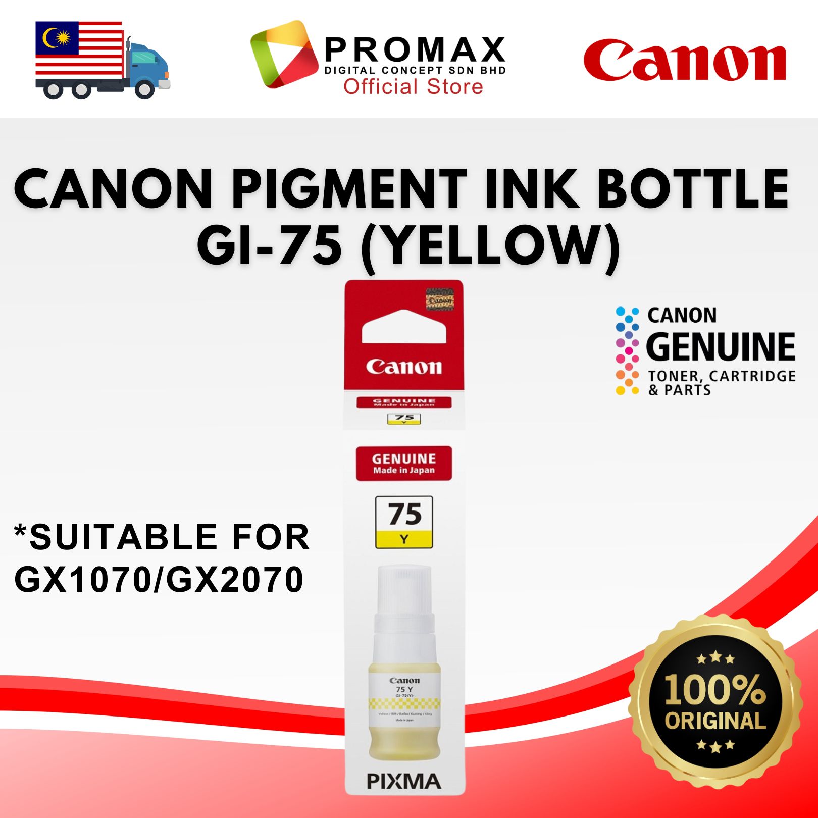 CANON ORIGINAL GI-75 PIGMENT INK BOTTLE (BK/C/M/Y) FOR GX1070 GX2070 GI ...