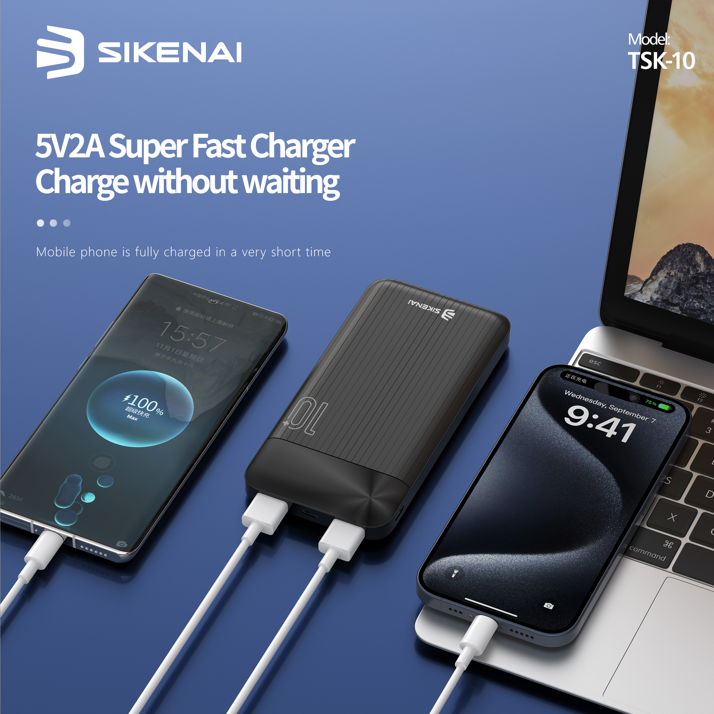 SIKENAI TSK-10 2A High Current 10000mAh Built-in Smart Chip Brushed ...