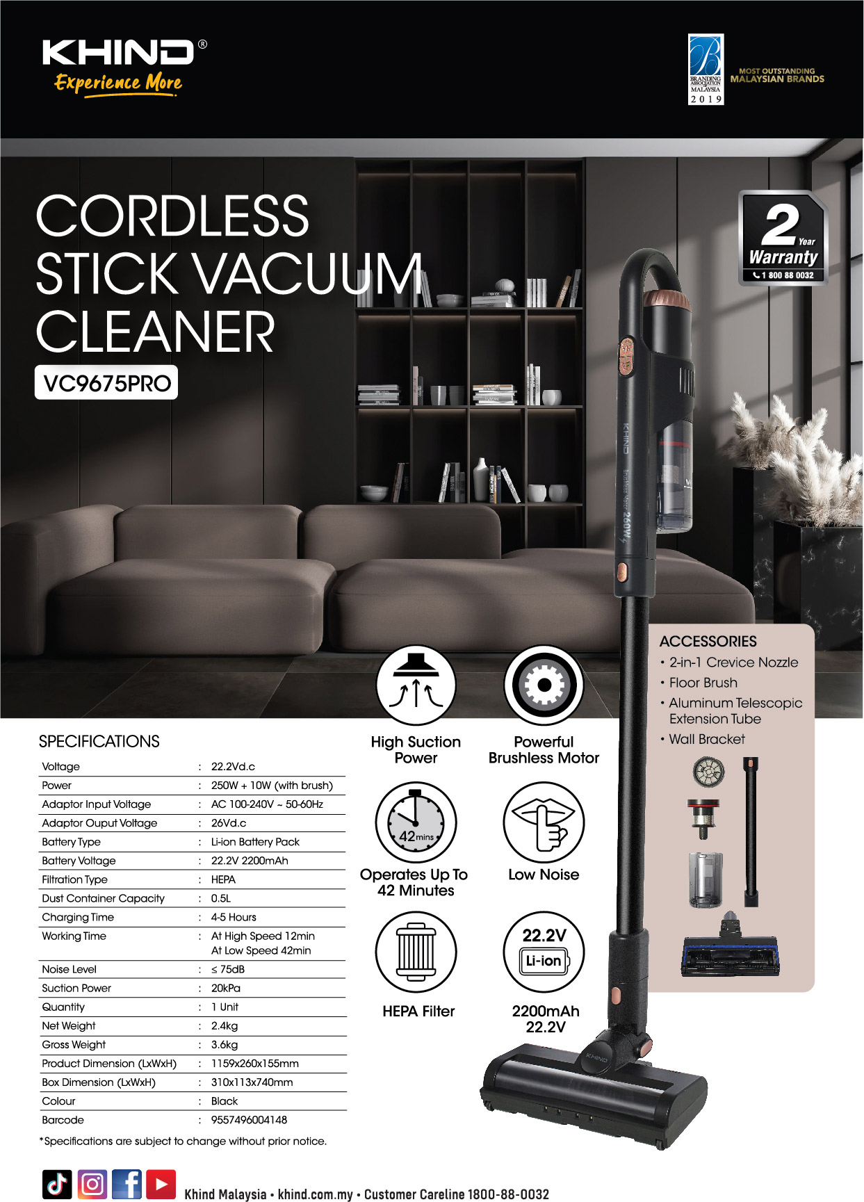 Khind 250W Cordless Vacuum Cleaner 2 in 1 Handheld Vacuum Bagless Low ...