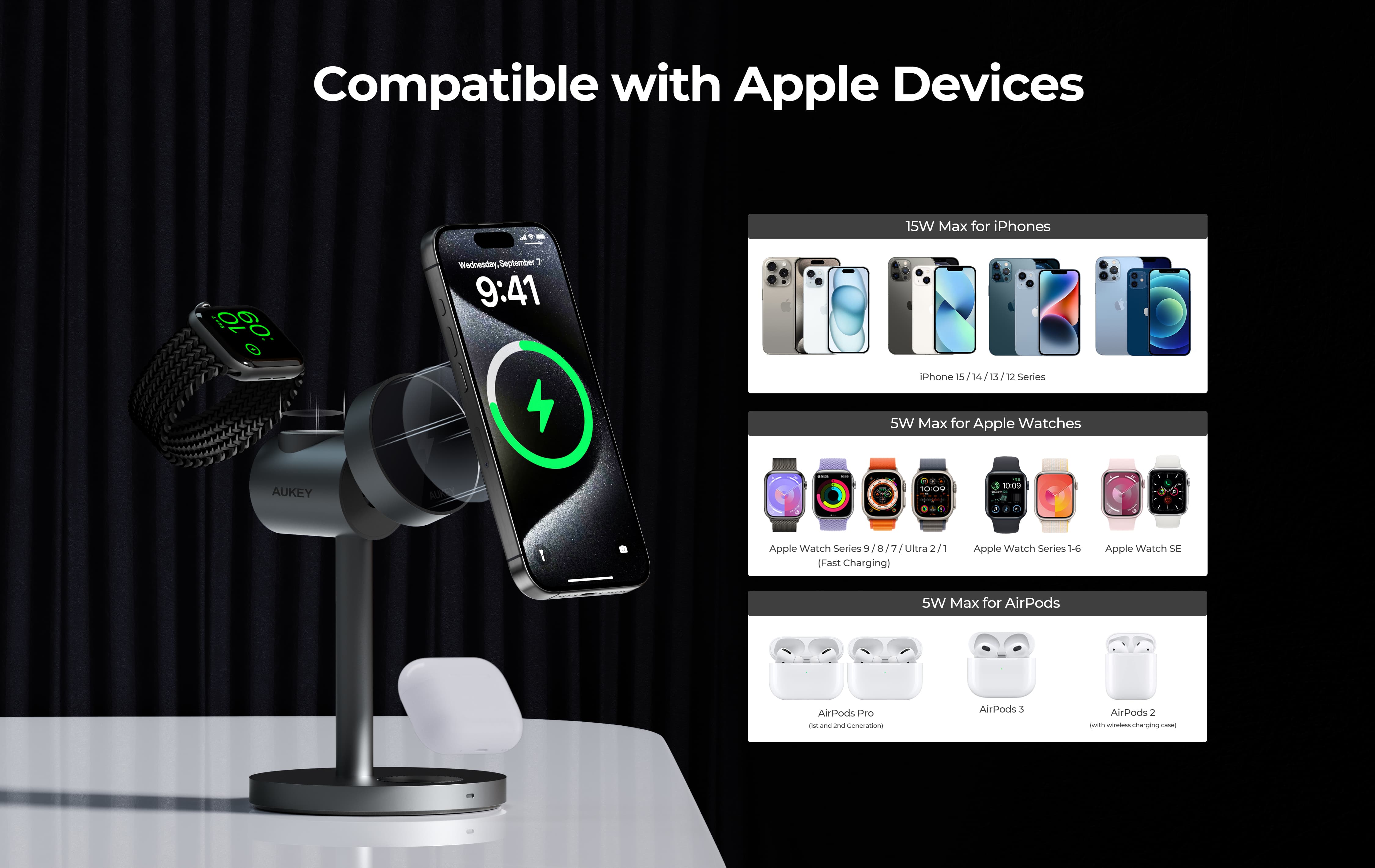 Aukey LC-MC311 MagFusion 3 in 1 Qi2 15W Magnetic Fast Wireless Charging Station with MFW Magsafe ...