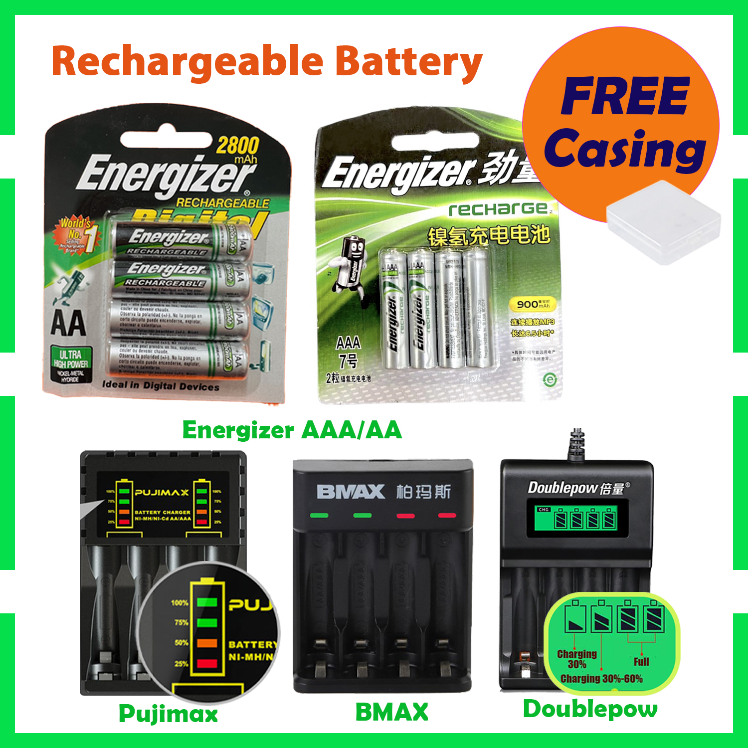 Rechargeable Battery AAA AA Bateri Cas Semula Bateri Rechargeable USB ...