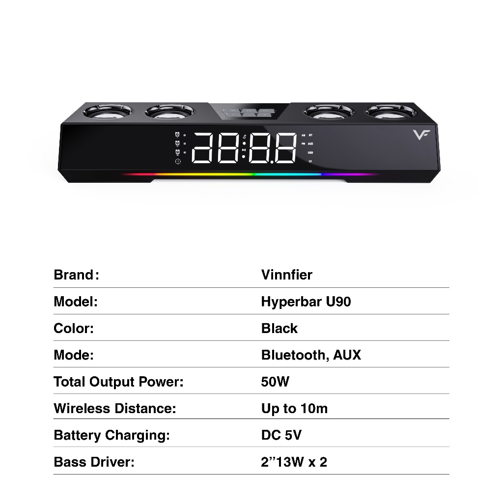 Vinnfier VF Hyperbar U90 BT Bluetooth Wireless All In one Portable Soundbar 50W RGB AUX USB ...