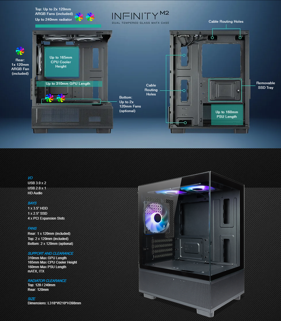 Tecware Infinity M2 ARGB Dual TG mATX Chassis - Black / White # TWCA ...