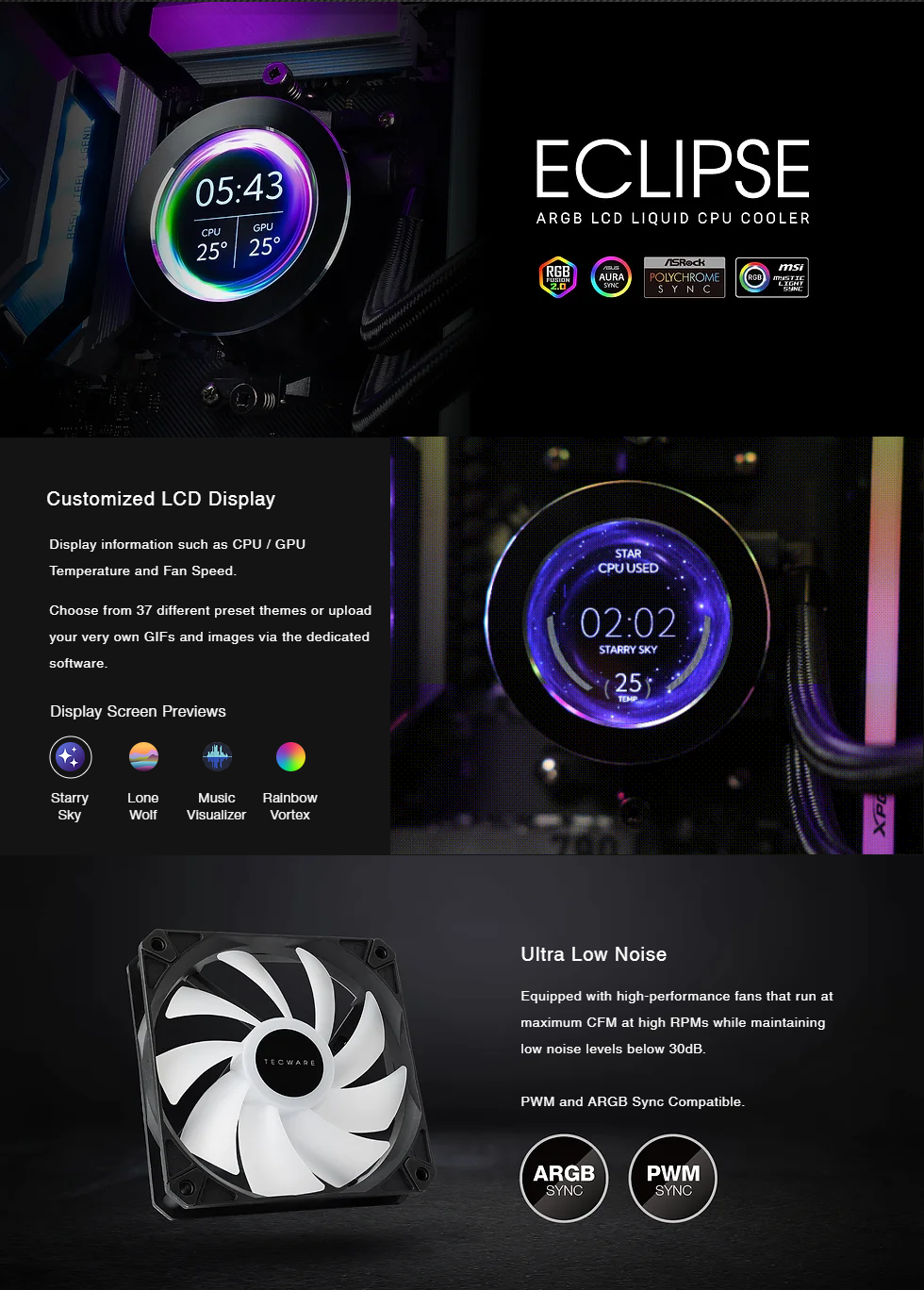 Tecware Eclipse 240 LCD / Eclipse 360 LCD Screen Liquid Cooler - Black ...