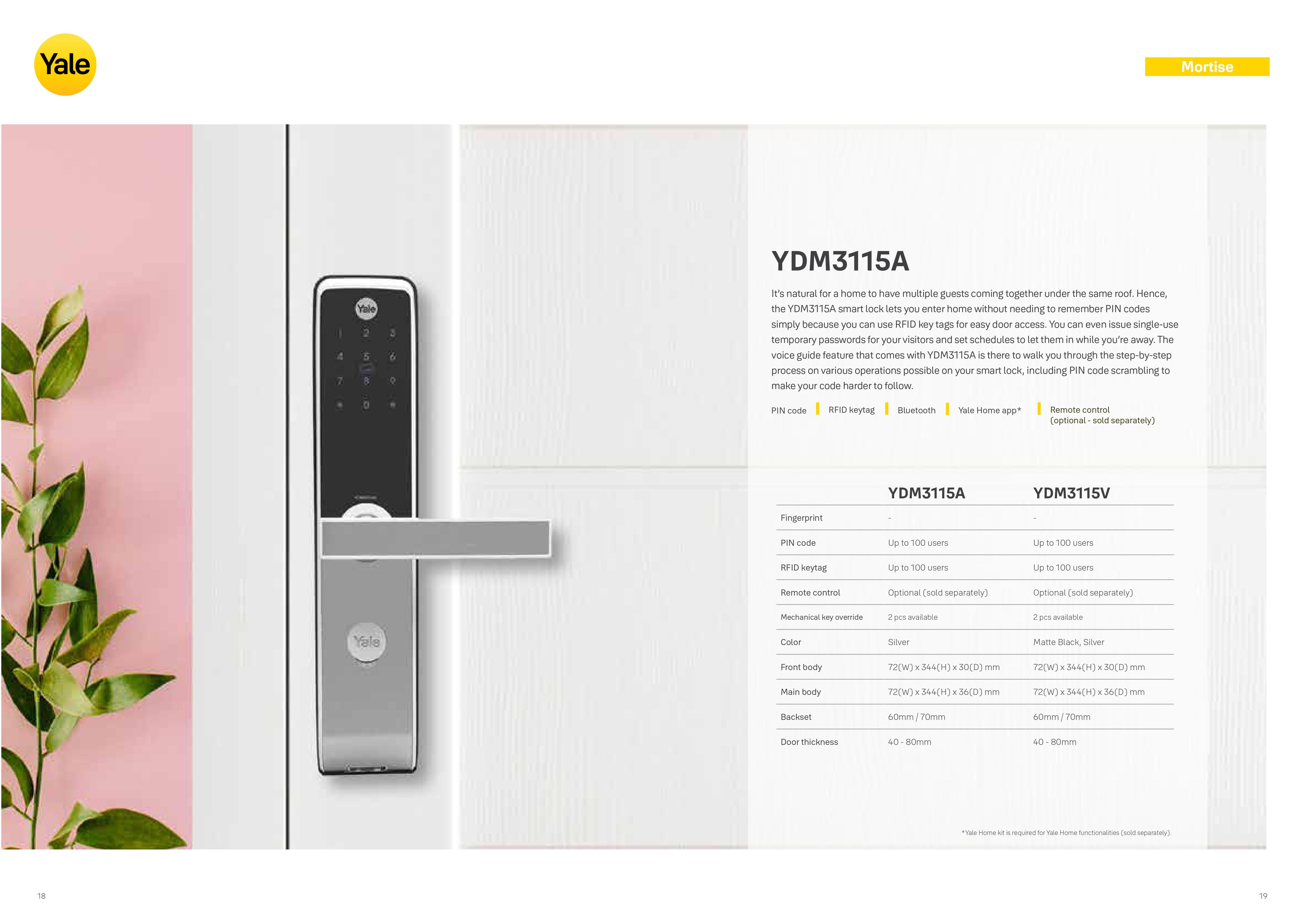 Yale YDM3115V Mortise Smart Door Lock - PIN Code/ RFID Keytag/ Bluetooth/ Yale Home App/ 2 Years ...