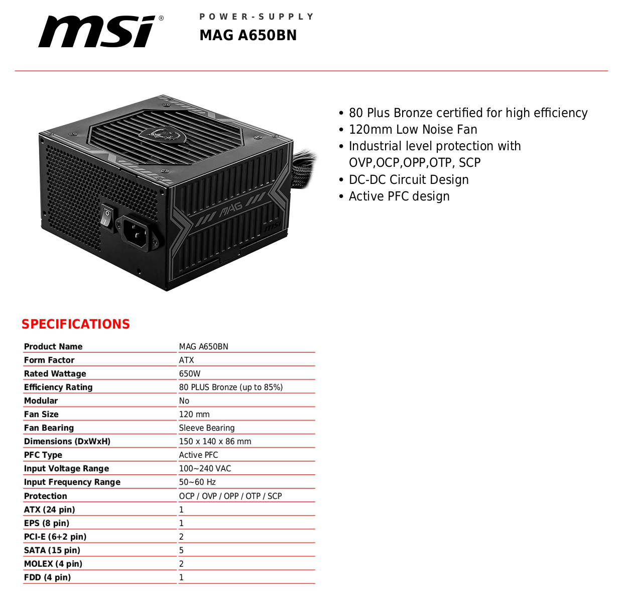 MSI MAG A650BN 650 Watt 80 Plus Bronze Non Modular Power Supply | Shopee Malaysia