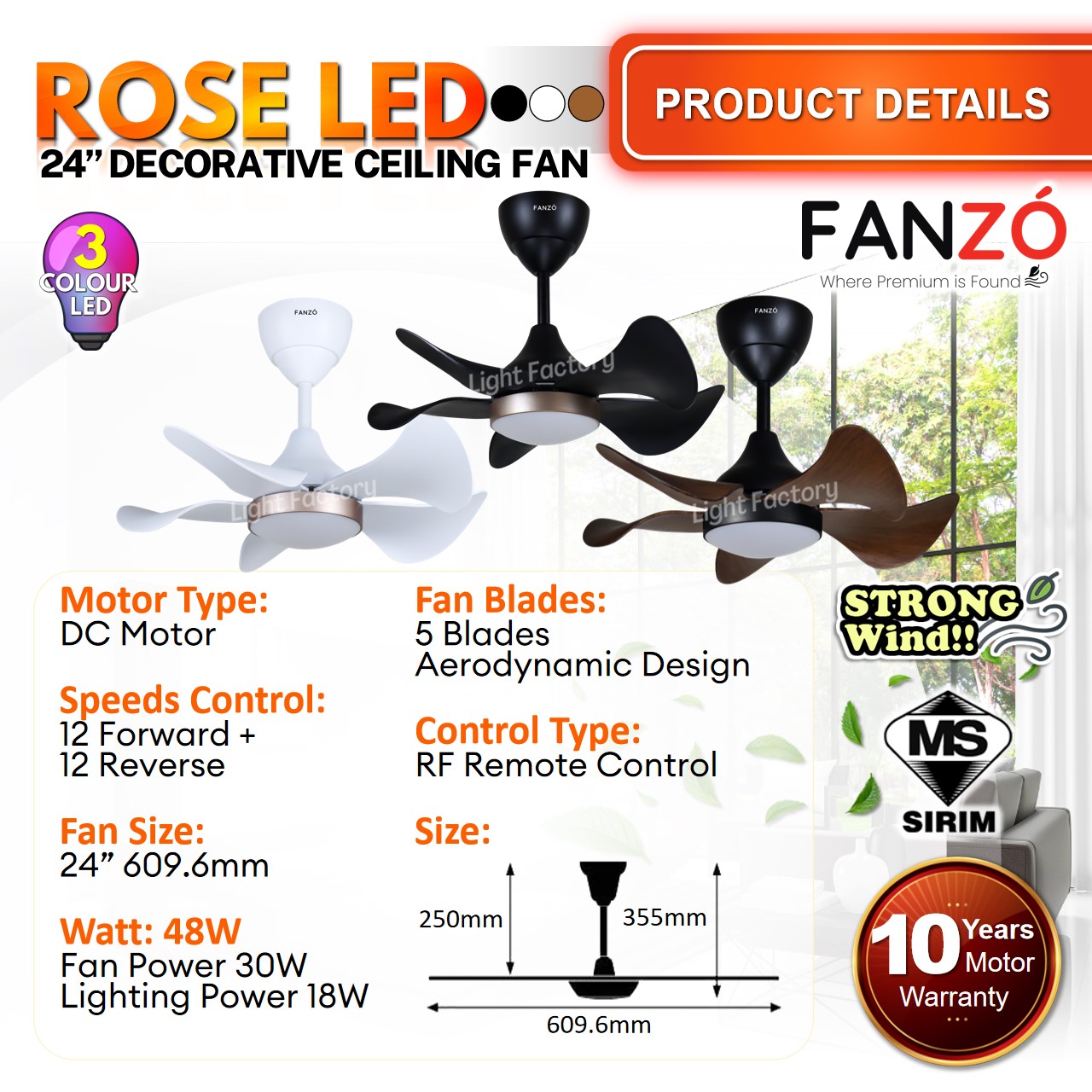 🔥NEW🔥FANZO ROSE LED 24'' 5 Blades Ceiling Fan 3 Colour LED DC Motor 24 ...