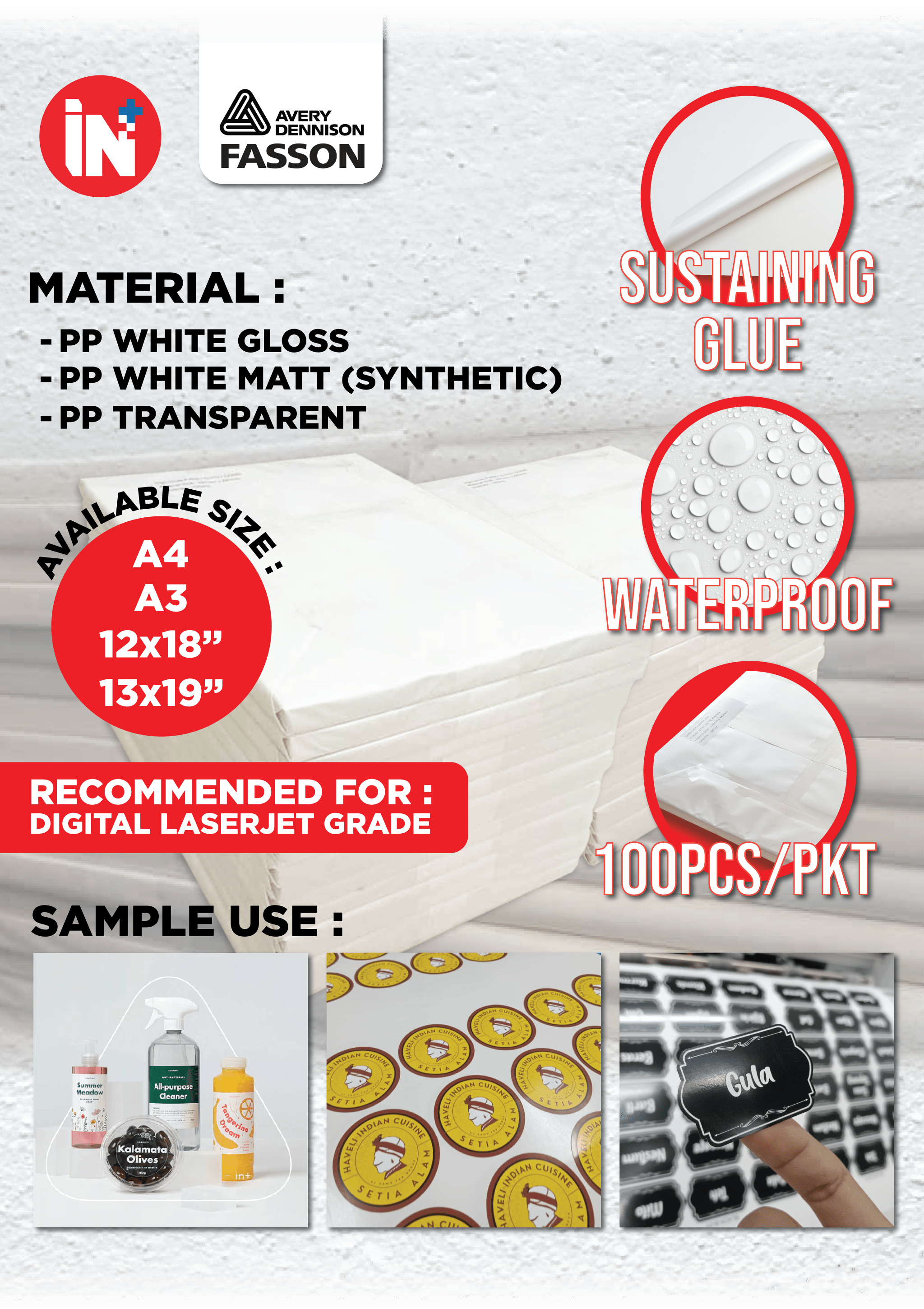 FASSON PP White Matt Synthetic 100's A3 12x18 13x19 Label Avery Self ...