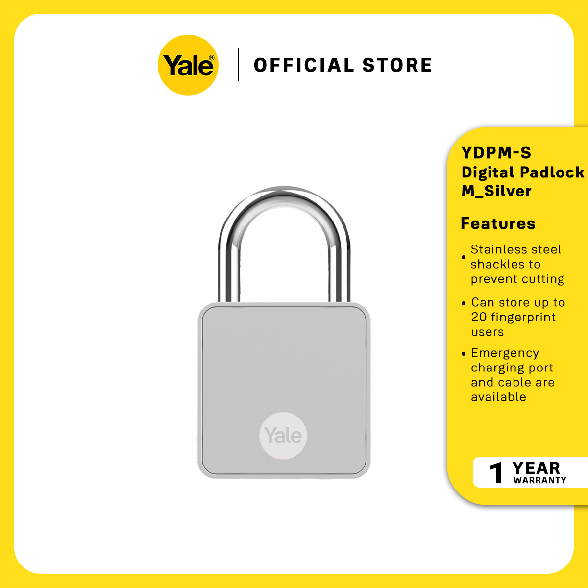 Yale Digital Padlock M_Silver YDPM-S - IP65/ S.Steel/ Type C Cable / 20 ...