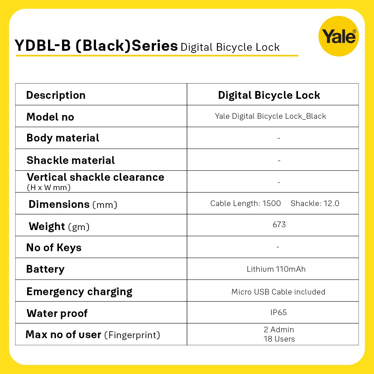 Yale Digital Bicycle Lock_Black YDBL-B - IP65/ Micro USB Cable/ 20 ...