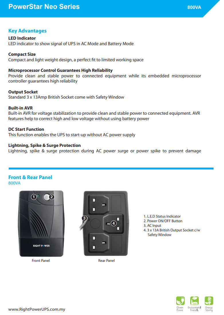 Right Power PowerStar NEO 800VA UPS Built in AVR Backup Battery ...