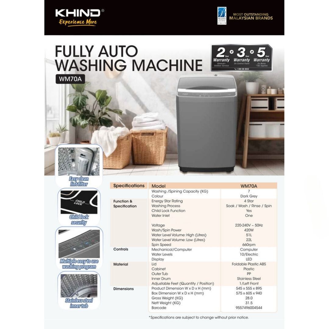 KHIND FULLY AUTO WASHING MACHINE WM70A (7KG) WM80A (8KG) WM100A (10KG ...