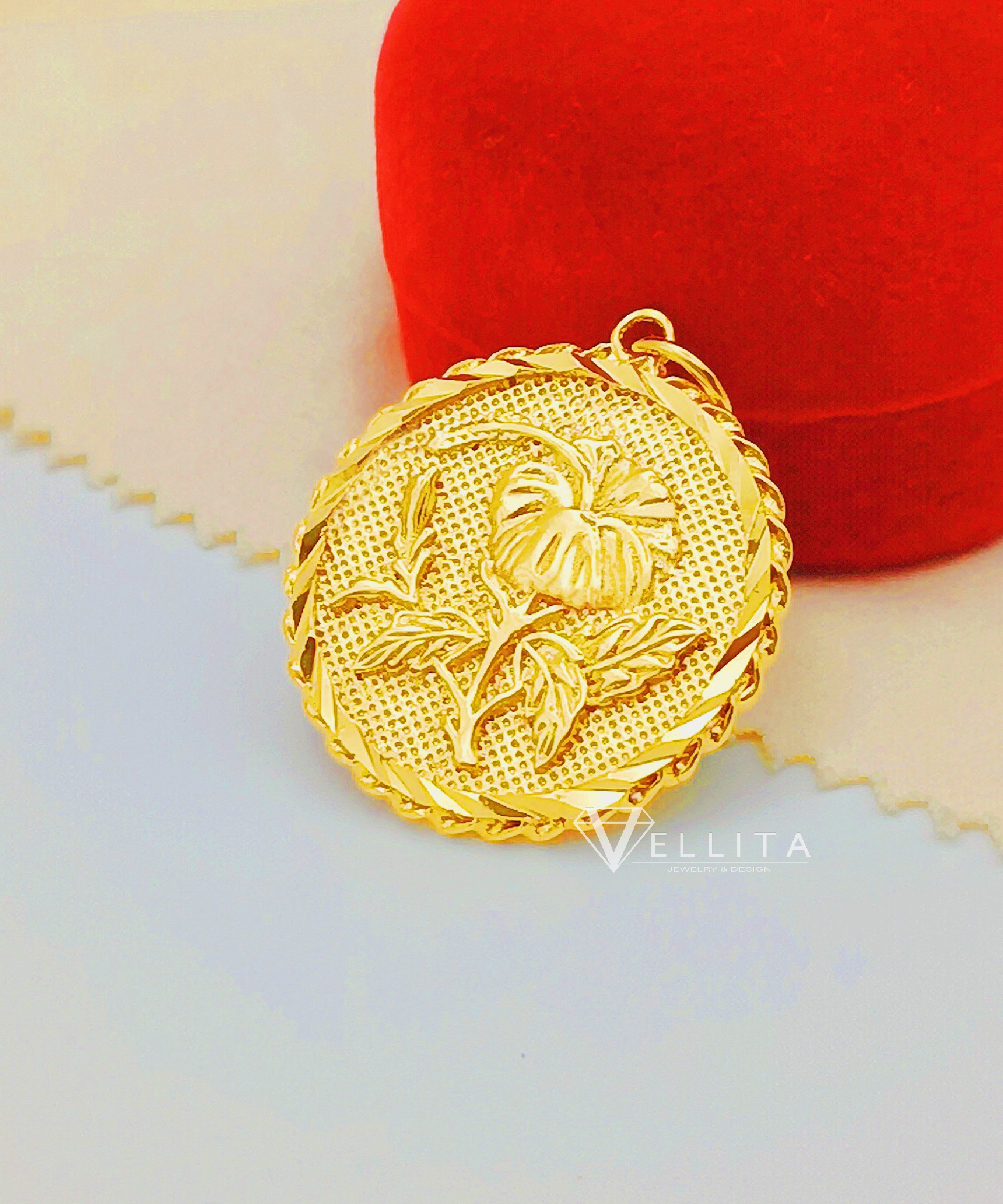 [VJ]Pendant Coin “Bunga Raya” Circle 999.9 Gold Plated Jump Ring ...