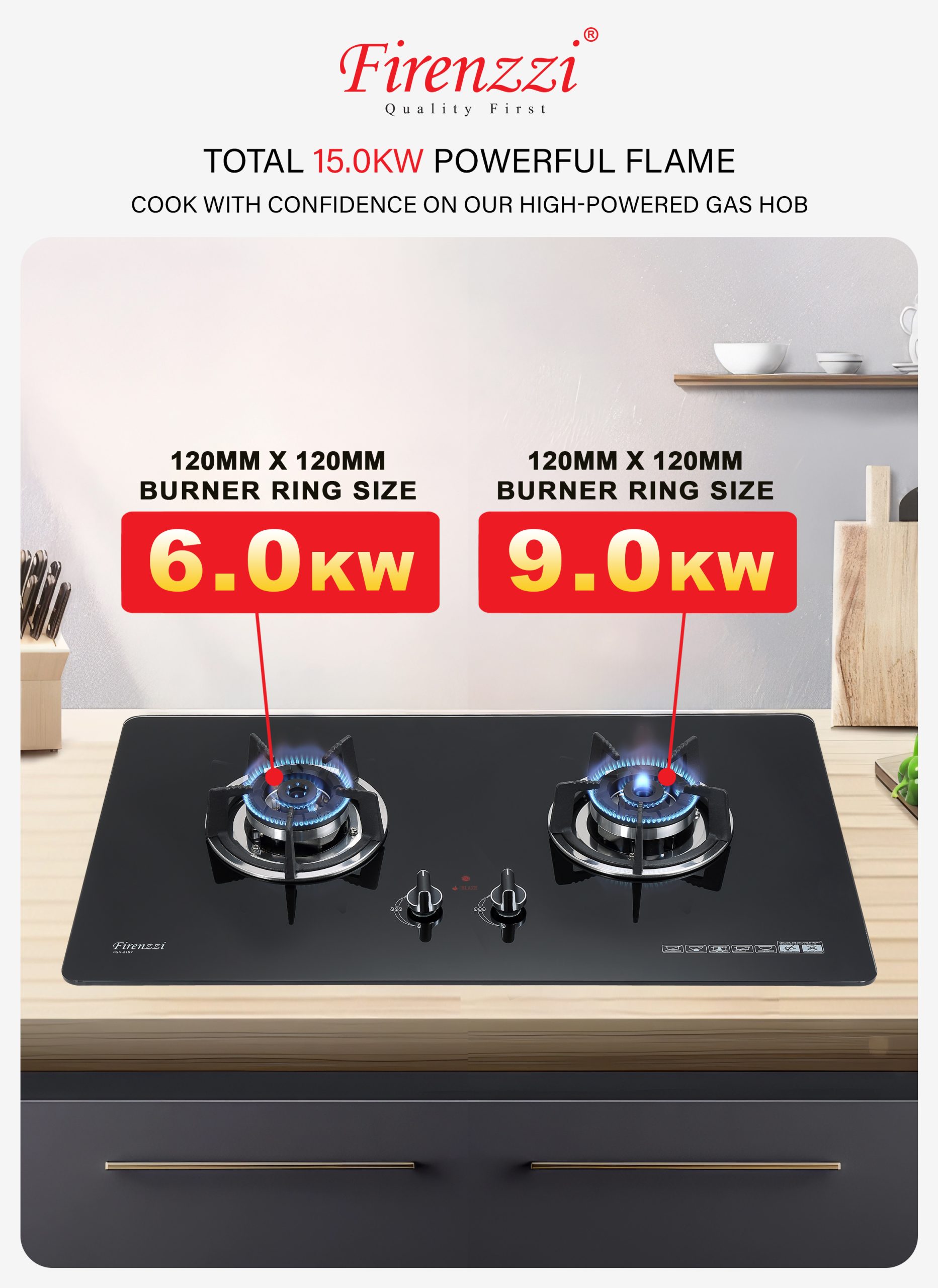 FIRENZZI Super High Flame 15.0kW Flexi Size Built in Hob Gas Hob 2 ...