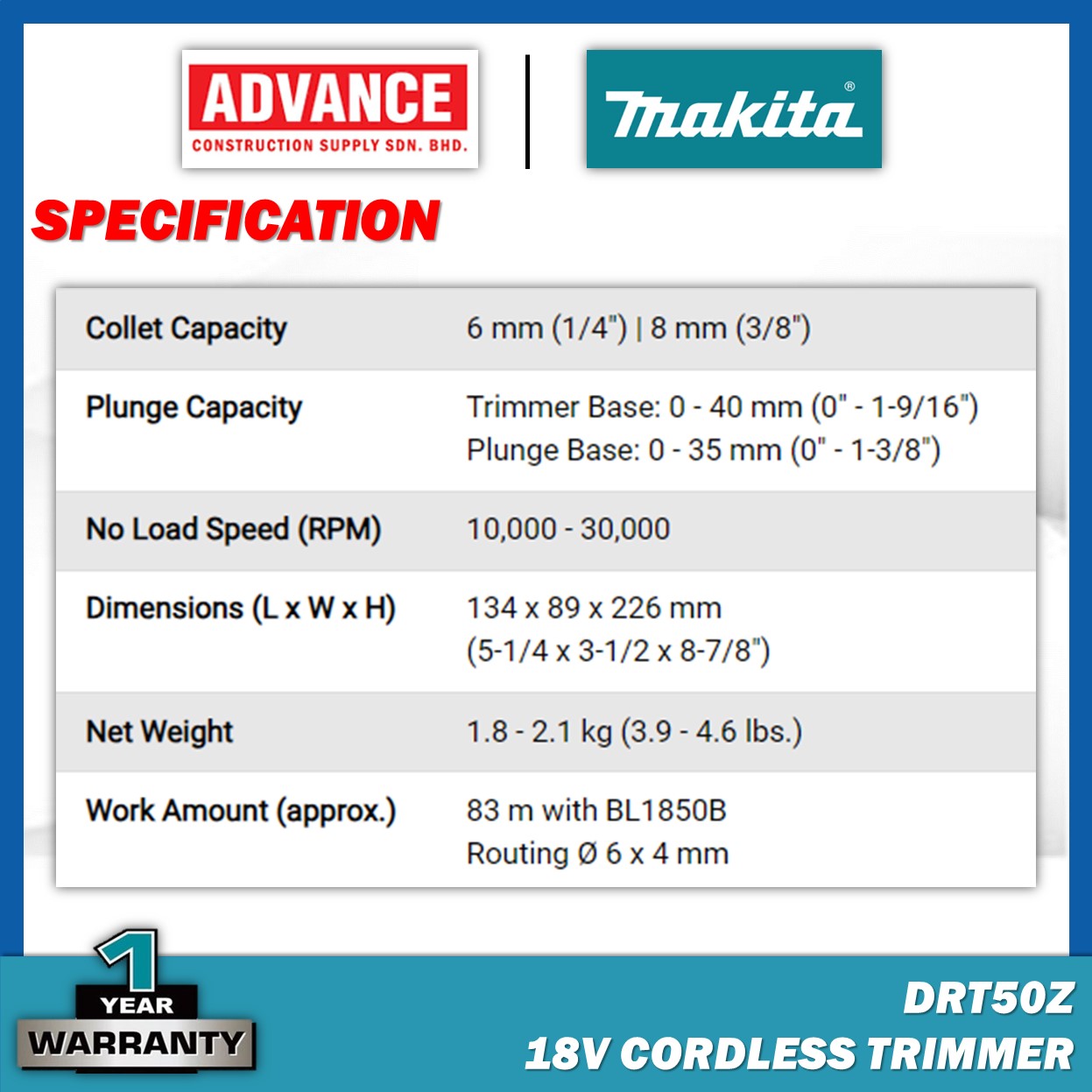 MAKITA DRT50 / DRT50Z 18V Cordless Trimmer 6MM (1/4") / 8MM (3/8 ...