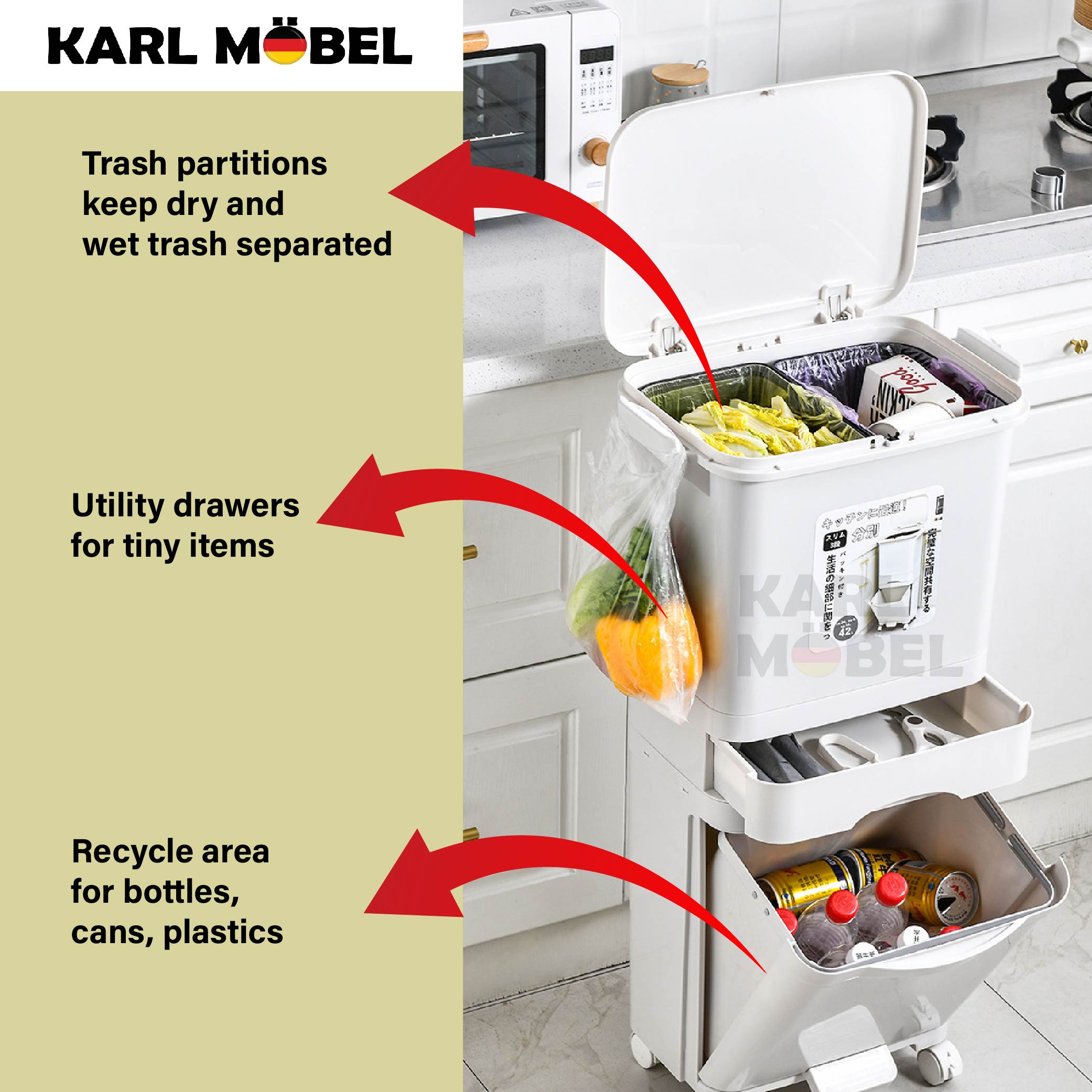 Dustbin Kitchen Moveable Rubbish Bin Tong sampah dapur bertutup tinggi ...