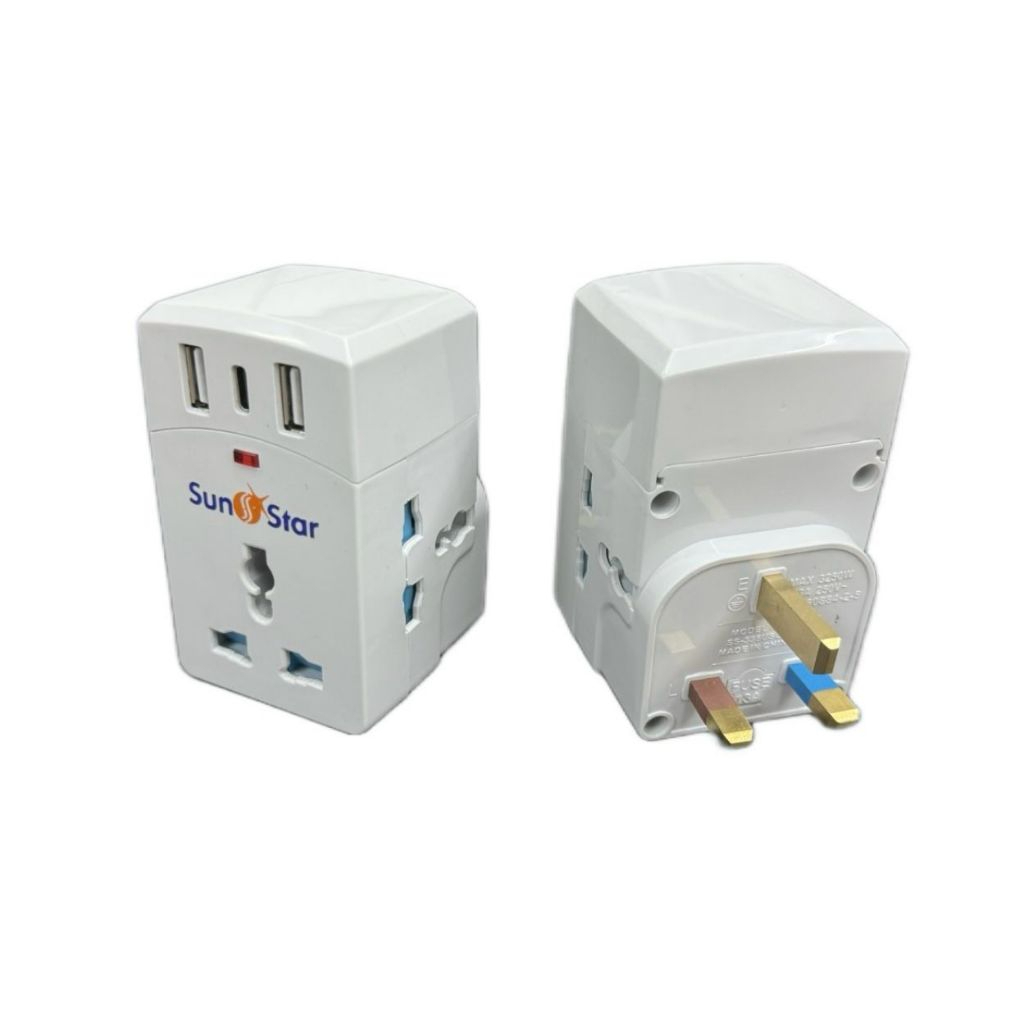 13A 3 Way Adapter Adaptor Plug with 2 UBS port and 1 Type C Charger ...