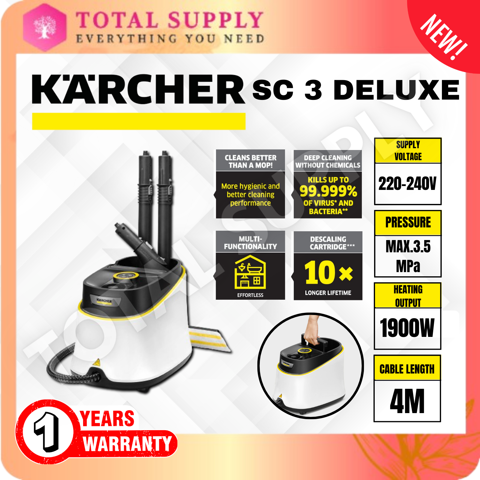 KARCHER SC3 DELUXE EASYFIX STEAM CLEANER | 1900W | 3.5BAR | 1.513-432.0 ...