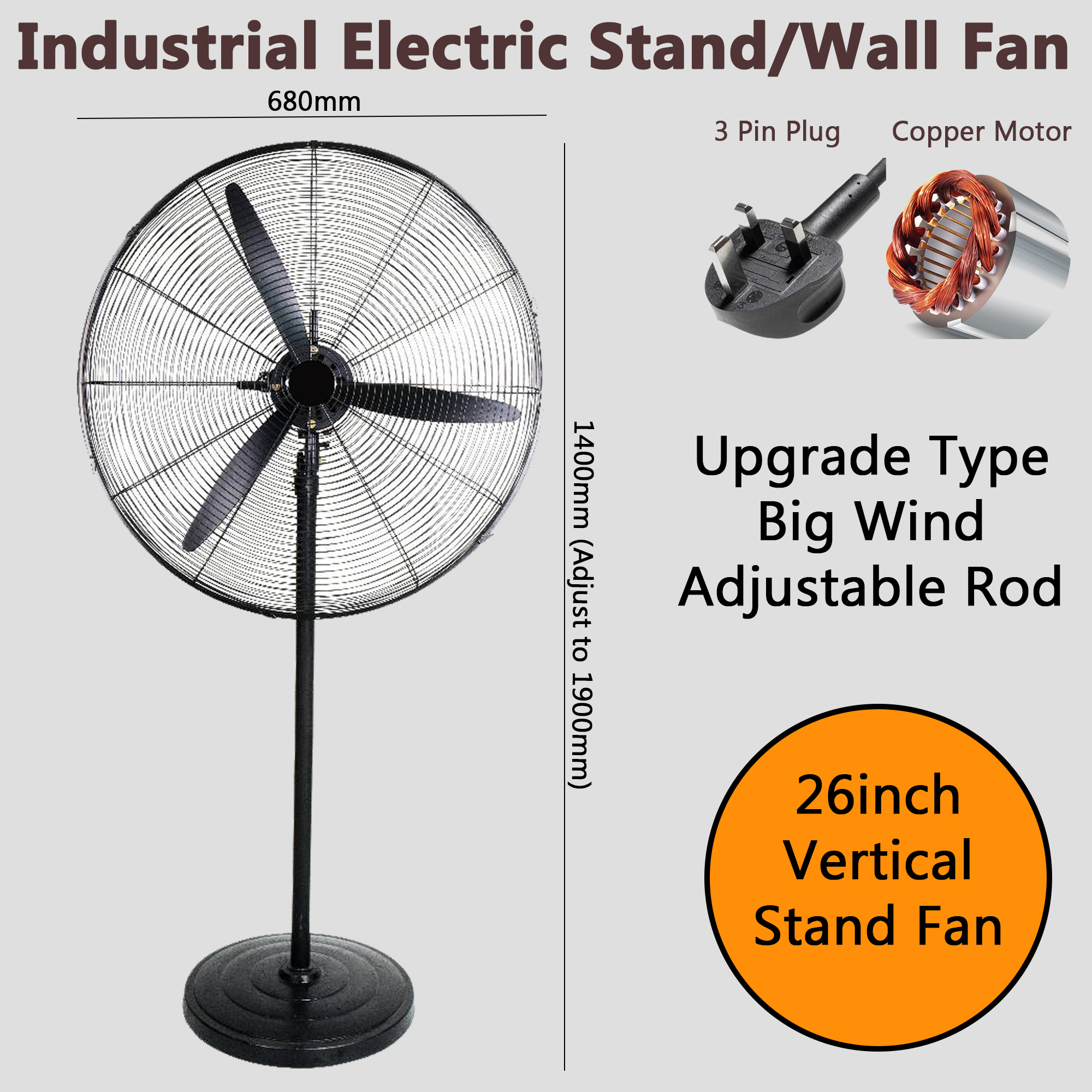 3H 20-inch 26-inch Copper Metal Clad Industrial Electric Stand Fan Wall ...