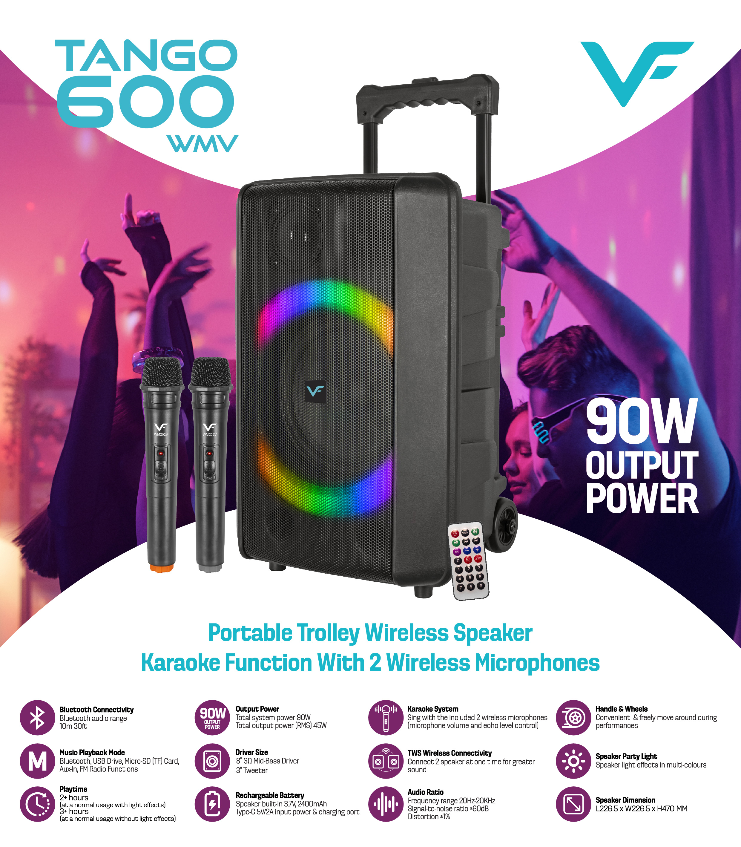 Vinnfier VF Tango 600 WMV 90W Max Portable Trolley Wireless Bluetooth Speaker Karaoke USB Drive ...