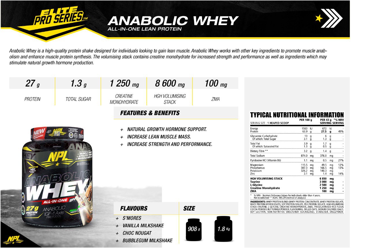 NPL Anabolic Whey gH (1.8kg / 4lbs / 41 Serv) - Whey Protein + Creatine ...