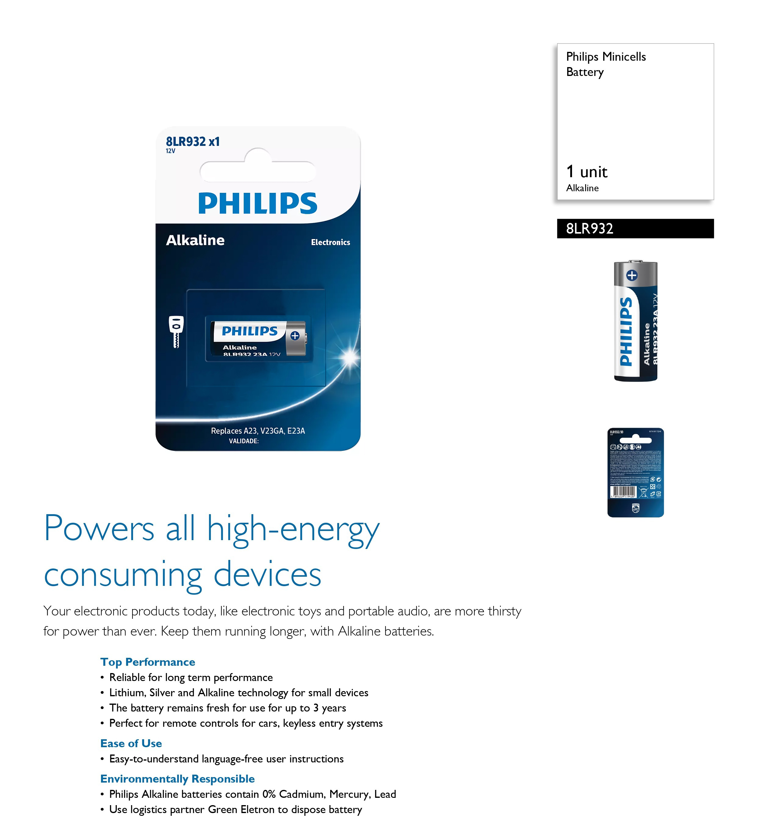 PHILIPS 8LR932 LR23 A23 Battery with 12V, Alkaline & 3 Years Shelf Life ...