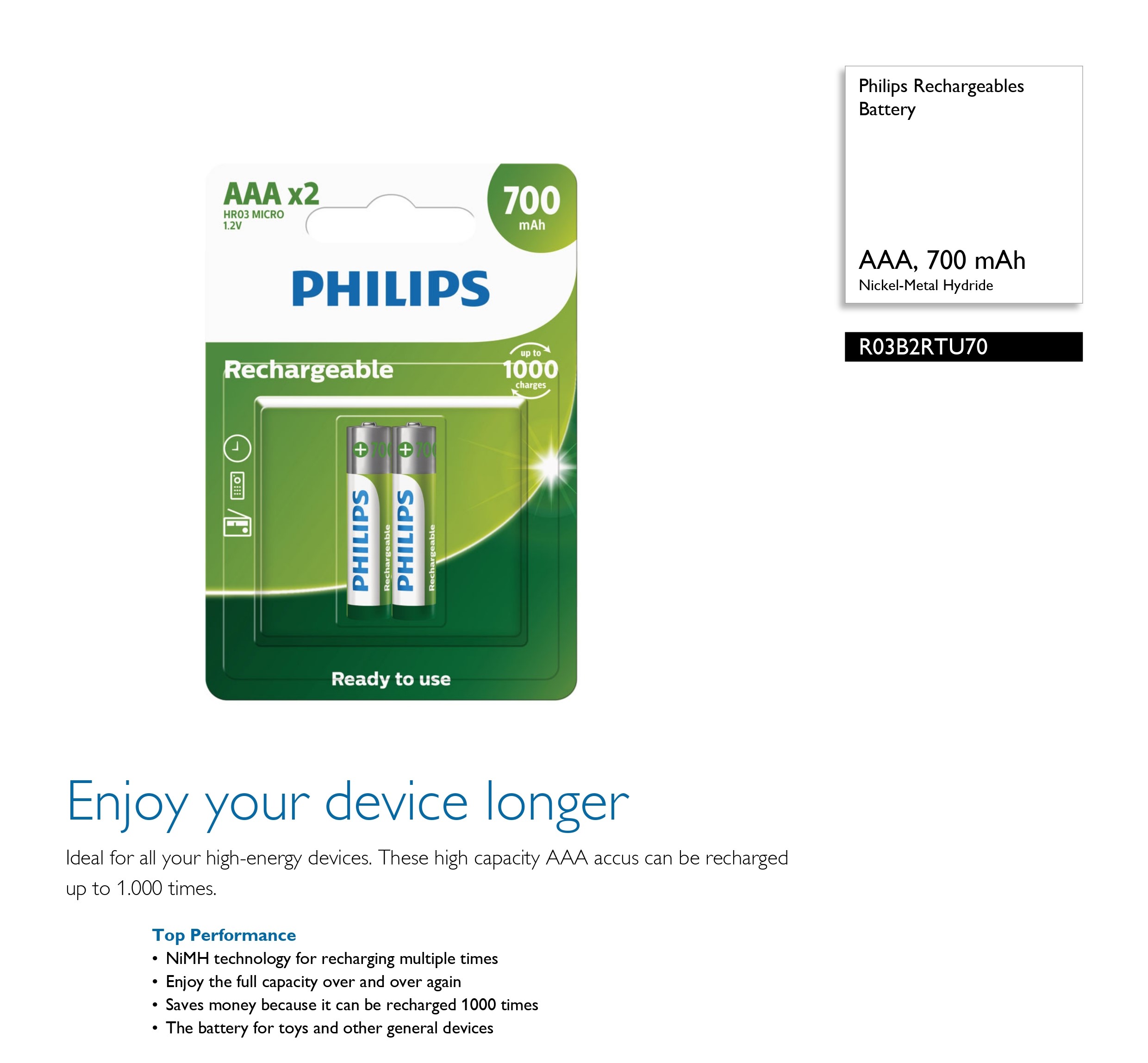 PHILIPS HR03 NiMH Battery with AAA Size, 1.2V & Rechargeable DECT Phone ...