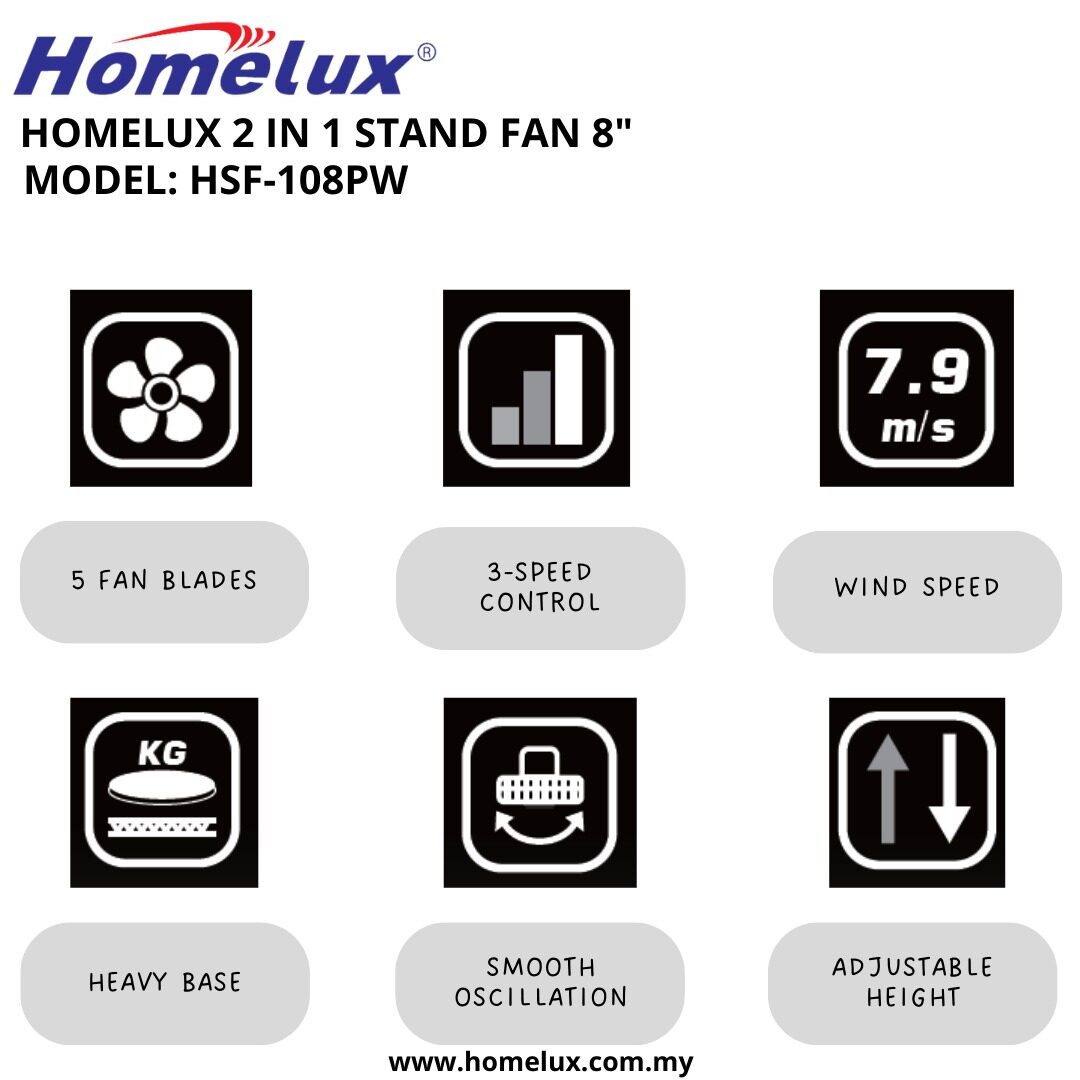 Homelux 8" 12" Turbo Fan Stand Fan Table Fan Powerful 2 In 1 Adjustable ...